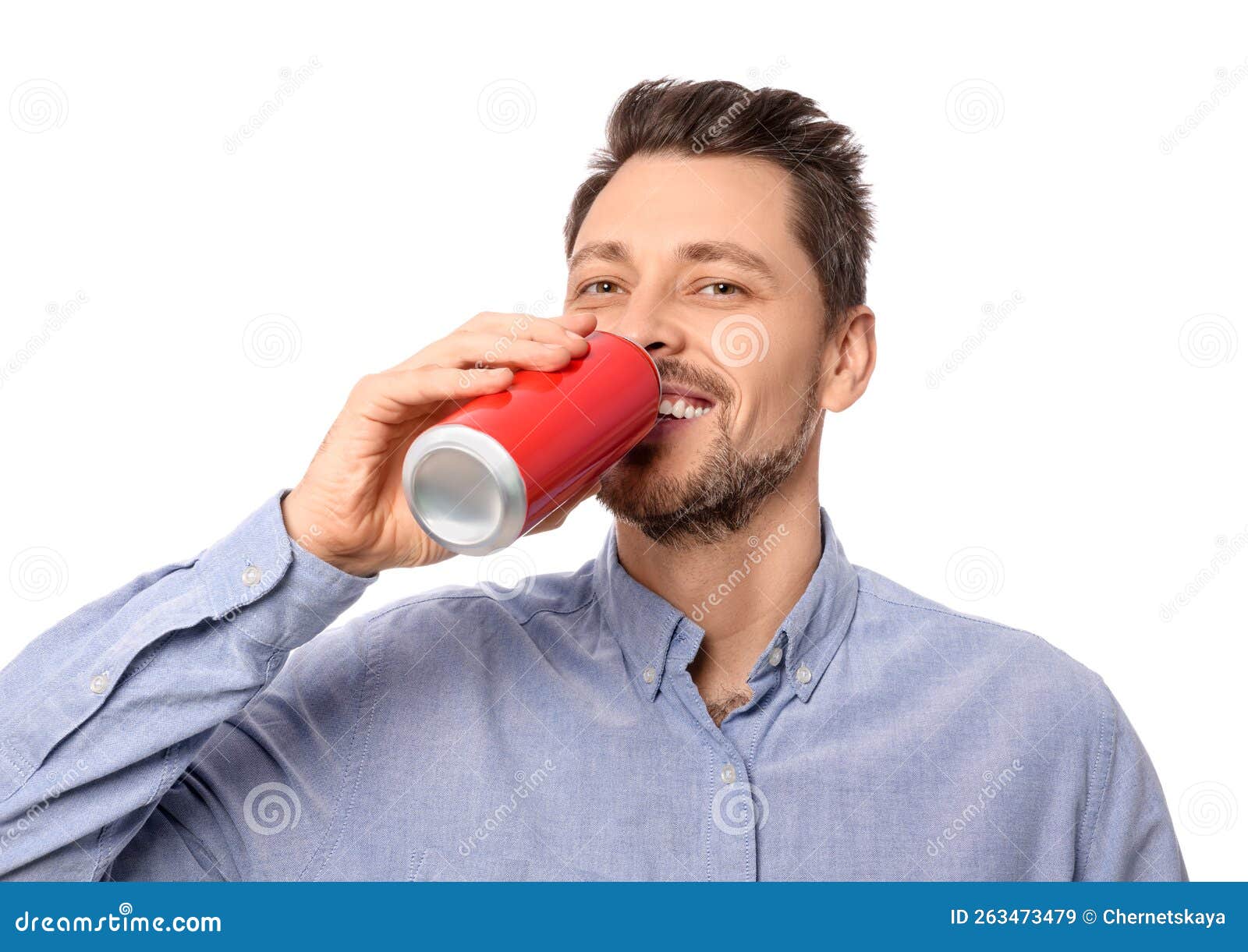Happy Man Drinking from Tin Can on White Background Stock Image - Image ...