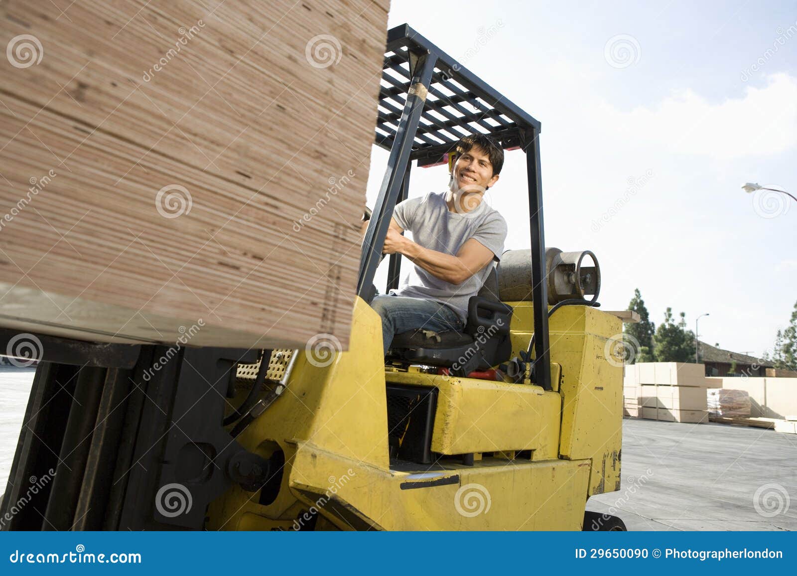 Happy Man Driving Forklift Loader Stock Photo - Image of industry ...