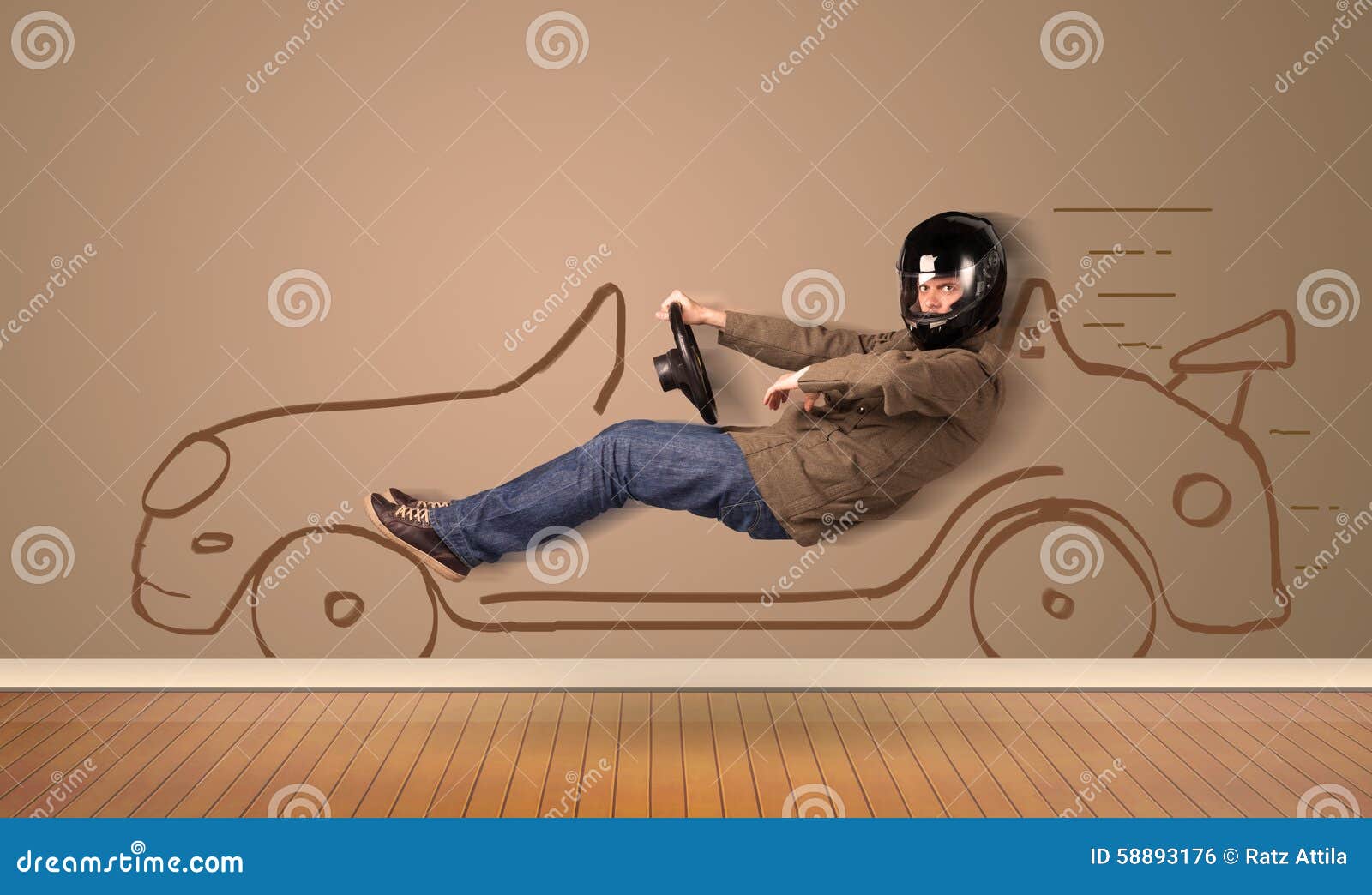 Happy Man Driving an Hand Drawn Car on the Wall Stock Photo - Image of ...