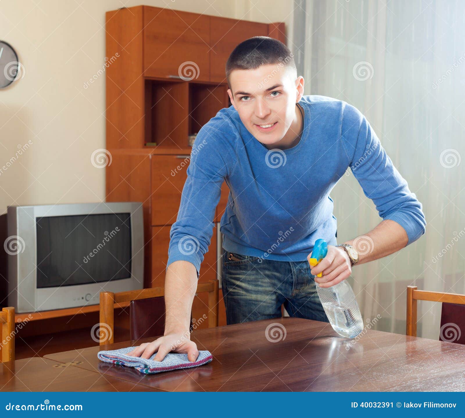 Happy Man Dusting Table with Polish Stock Image - Image of furniture ...