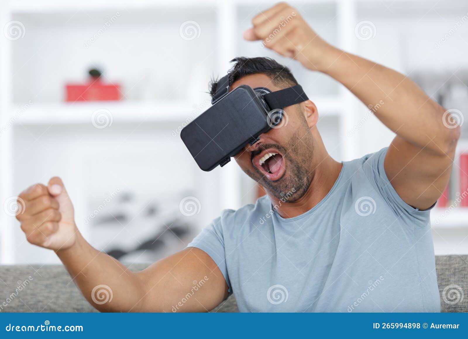 Happy Man Exploring Virtual Reality 3d Headset Simulation Stock Photo ...