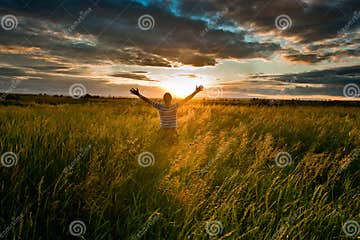 Happy man in filed stock photo. Image of blue, hand, people - 11241344