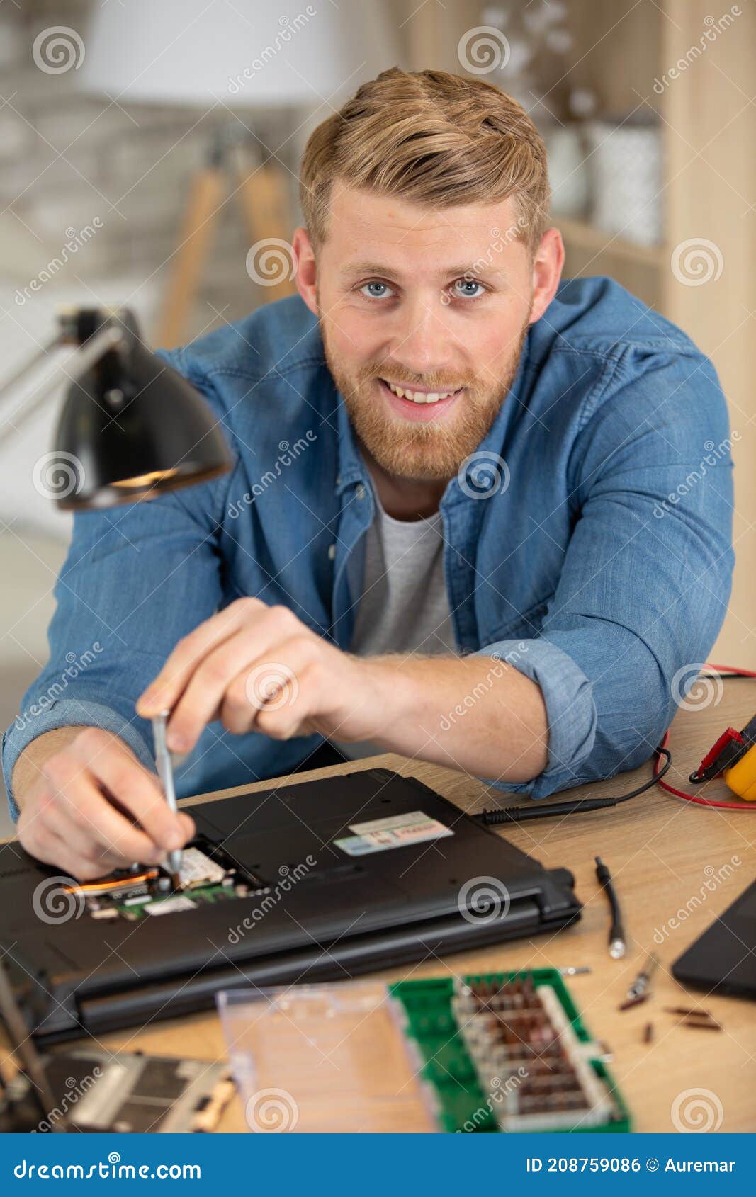 Happy Man Fixing Computer Laptop Tr Stock Photo - Image of tech, board ...