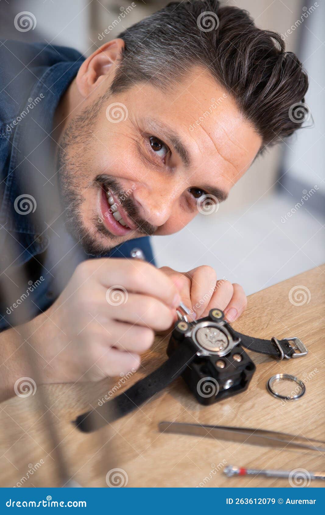 Happy Man Fixing Watch Parts Stock Image - Image of clock, blue: 263612079