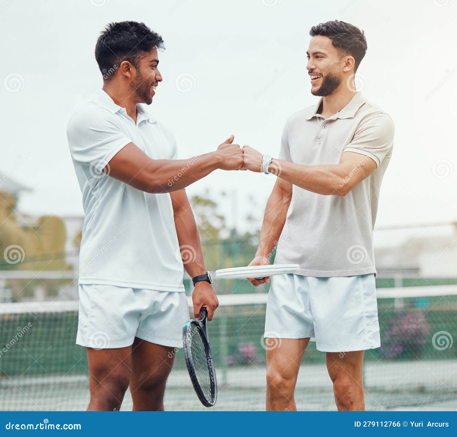 Happy Man Friends And Fist Bump In Tennis For Teamwork Sports