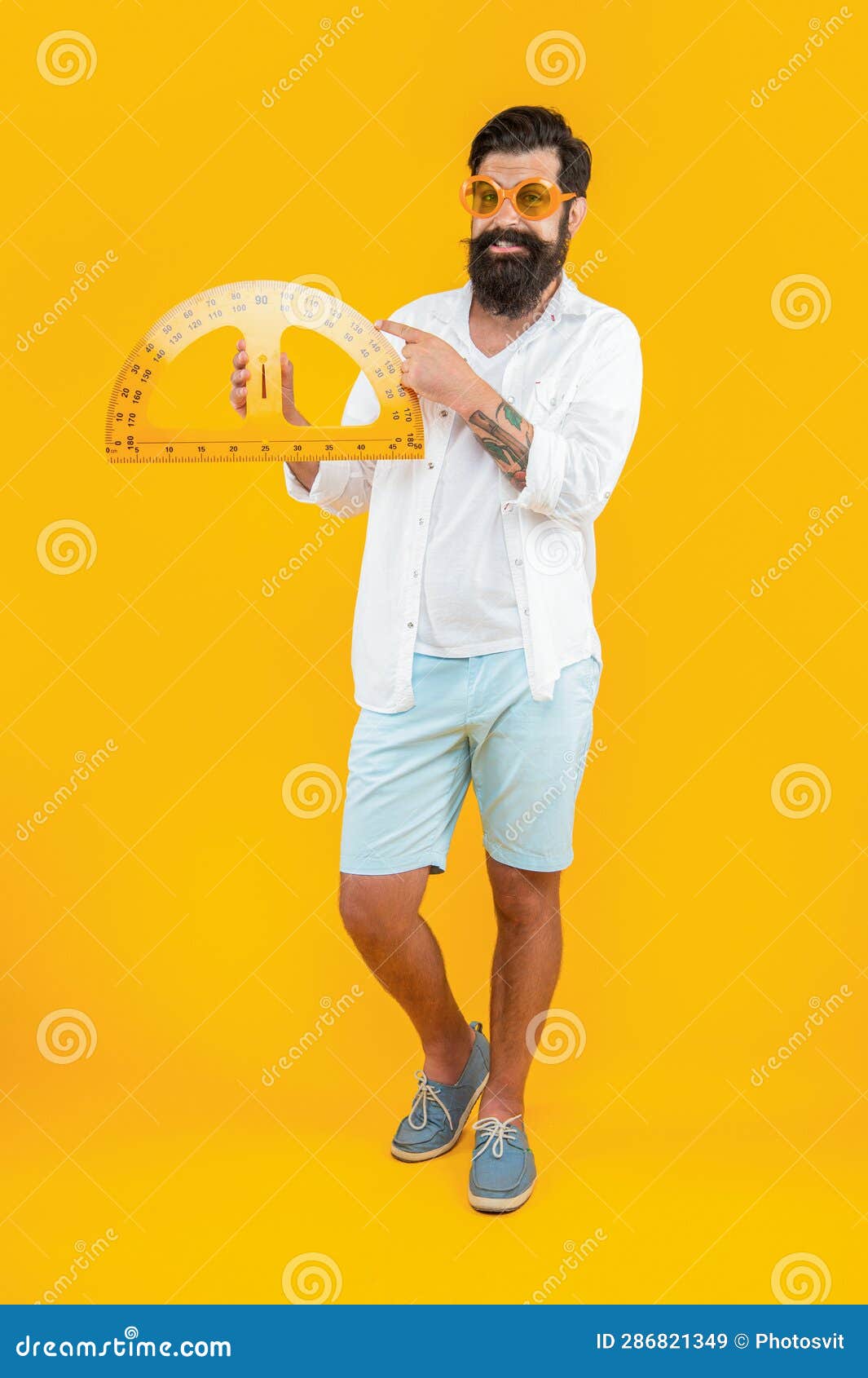 Happy Man with Geometry Protractor in Studio. Man with Geometry ...