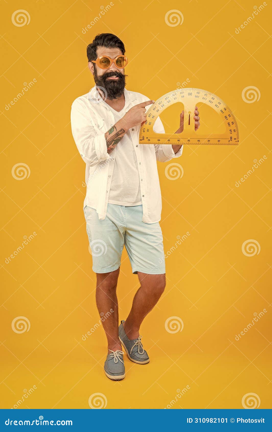 Happy Man with Geometry Protractor in Studio. Man with Geometry ...