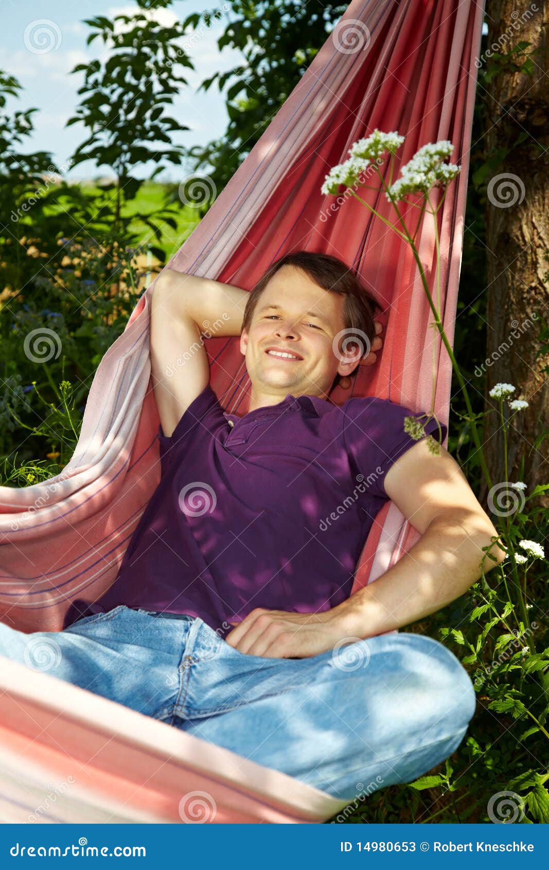 Happy man in hammock stock image. Image of male, organic - 14980653