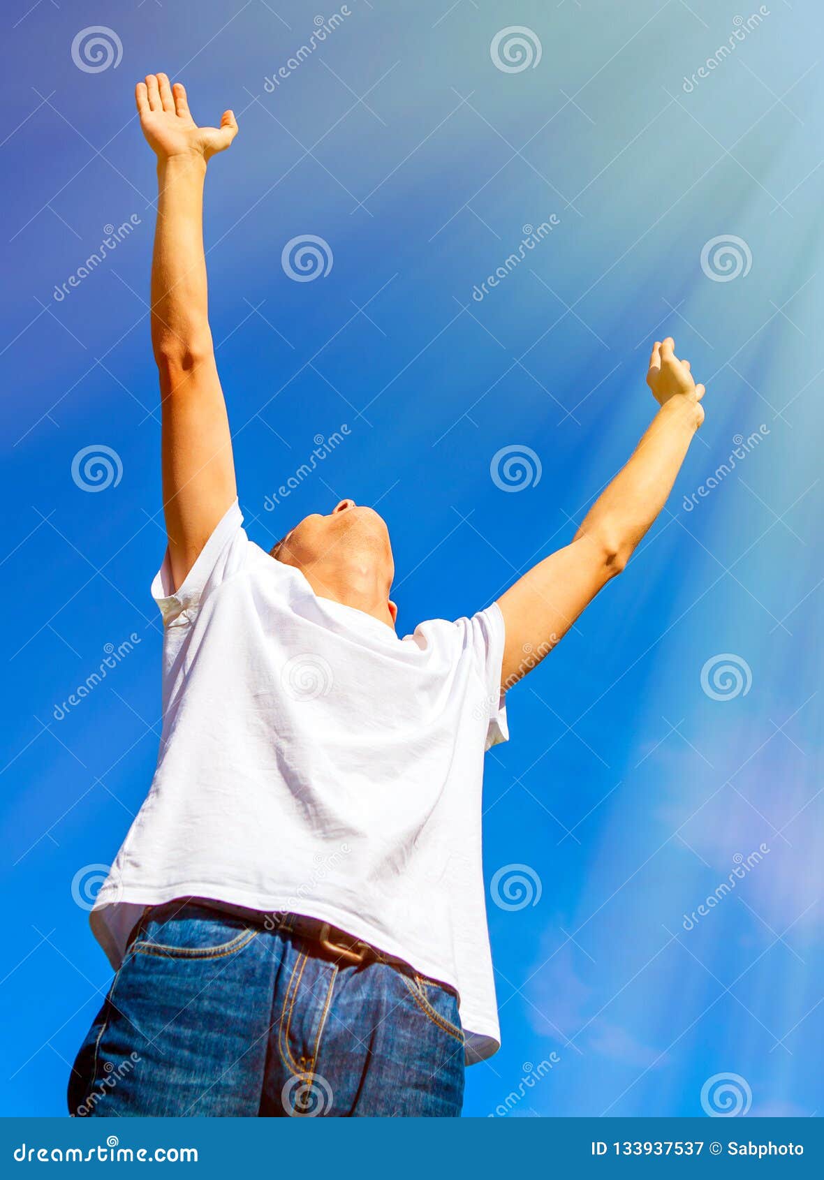 Happy Man with Hands Up stock image. Image of look, casual - 133937537
