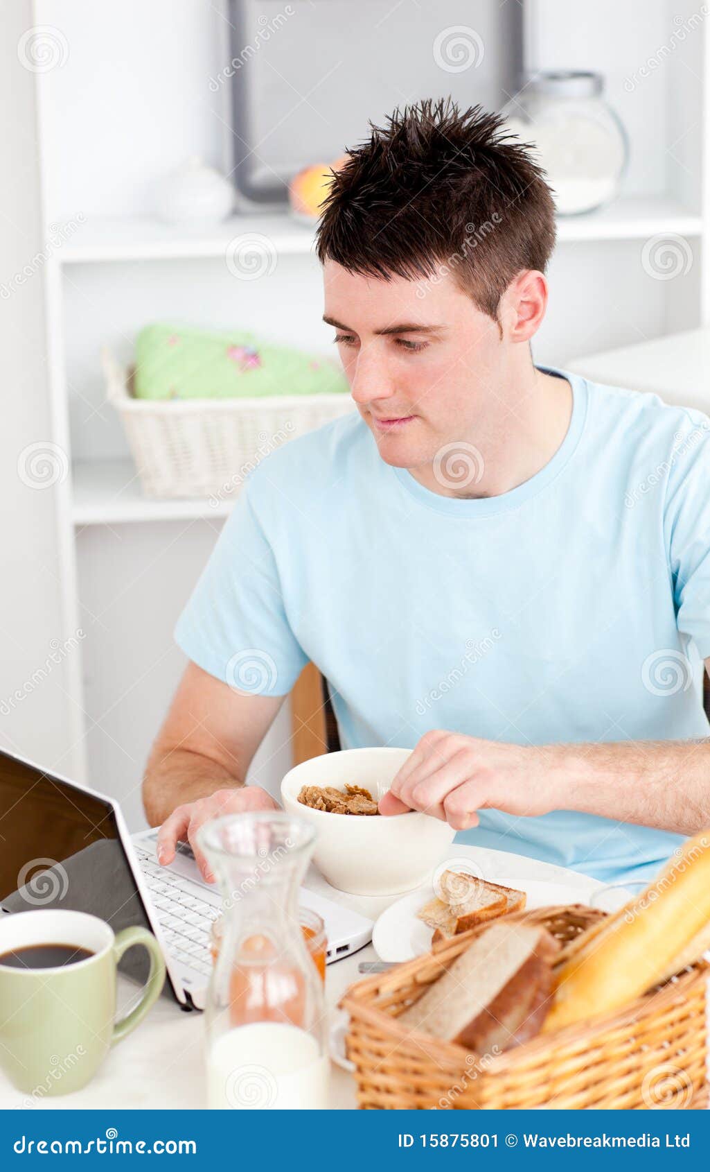Happy Man Having Breakfast in the Kitchen Stock Image - Image of ...
