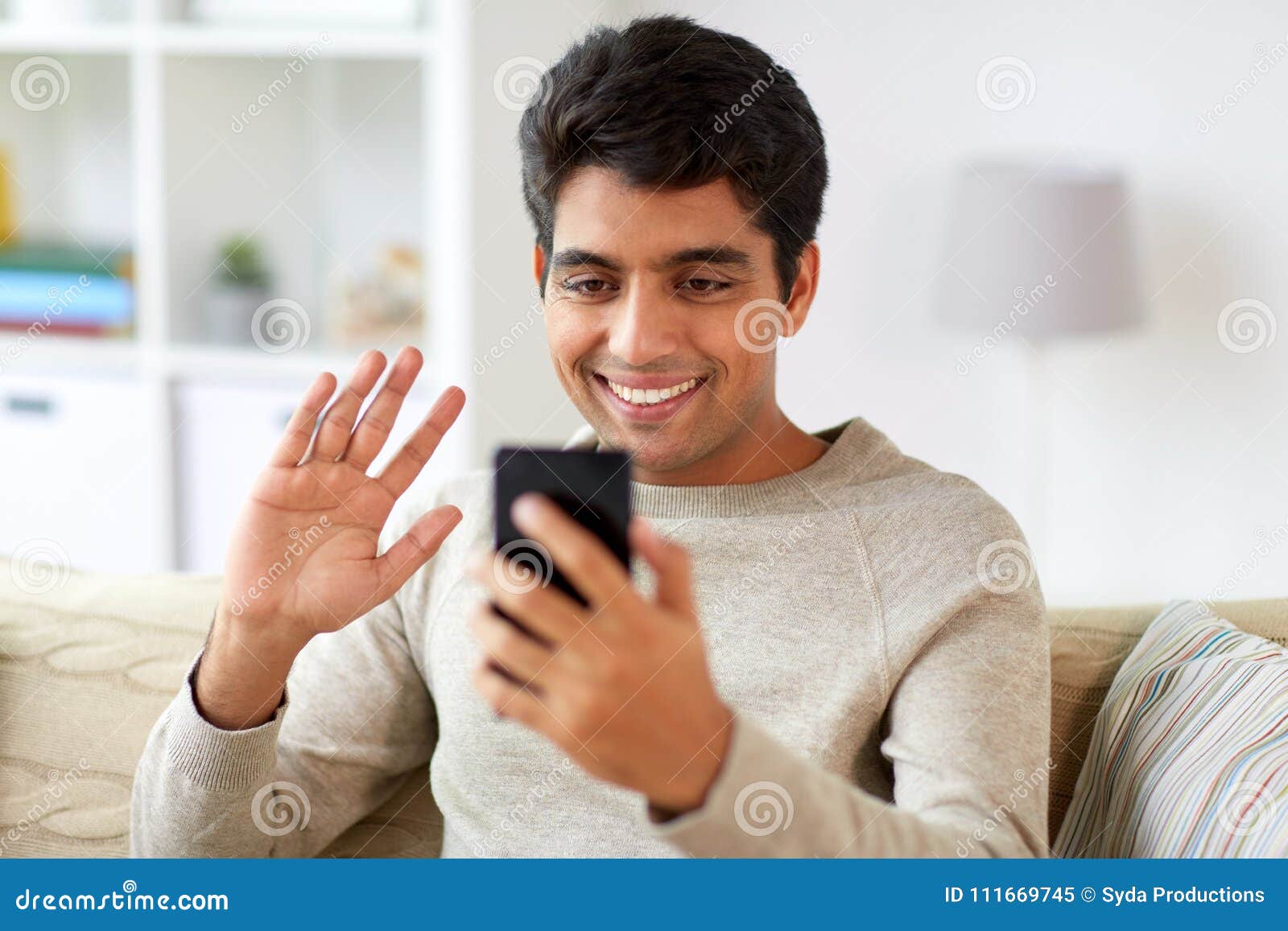 Happy Man Having Video Call on Smartphone at Home Stock Image - Image ...