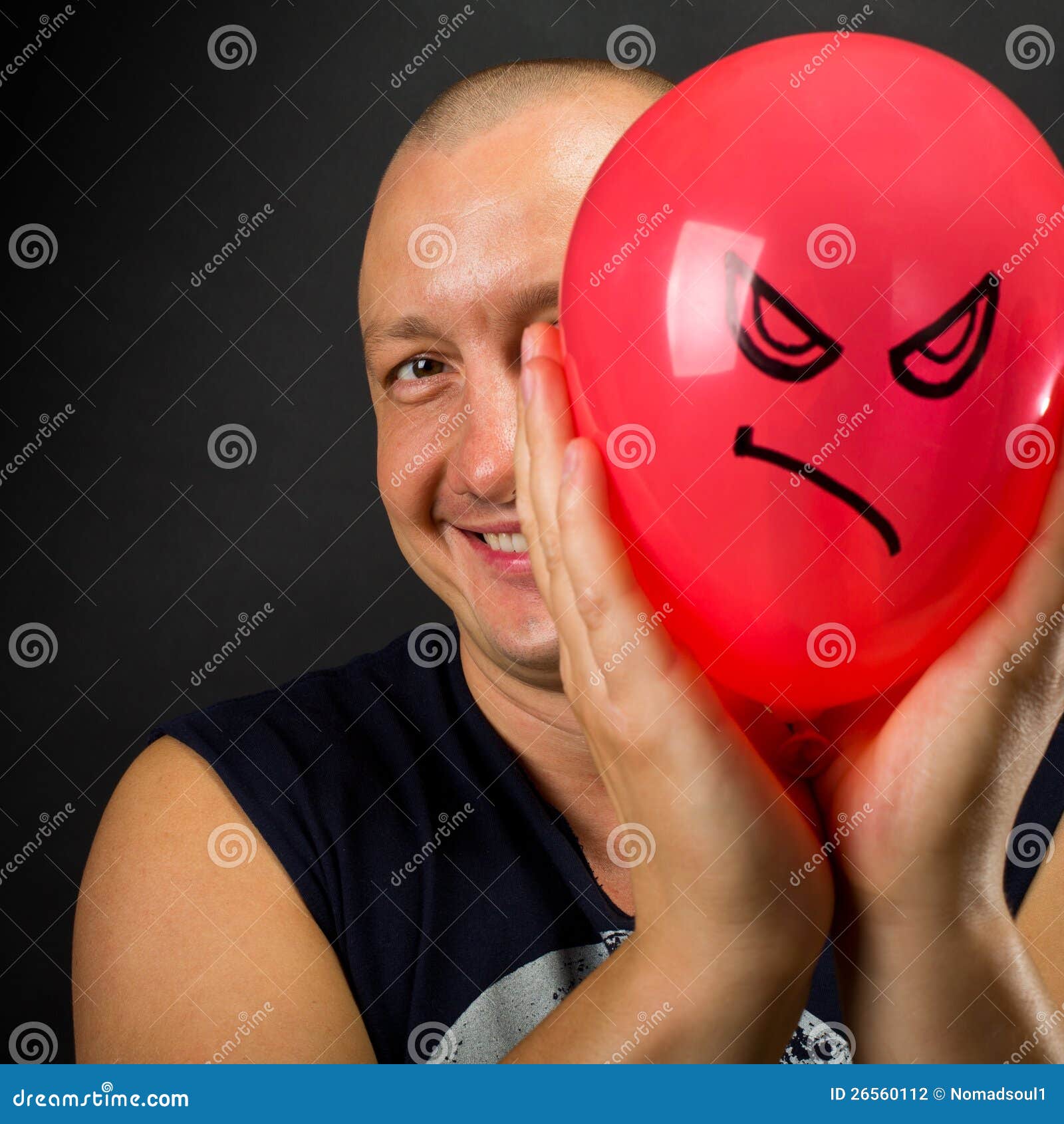 Happy Man Hiding Behind Angry Balloon Stock Photo - Image of furious ...