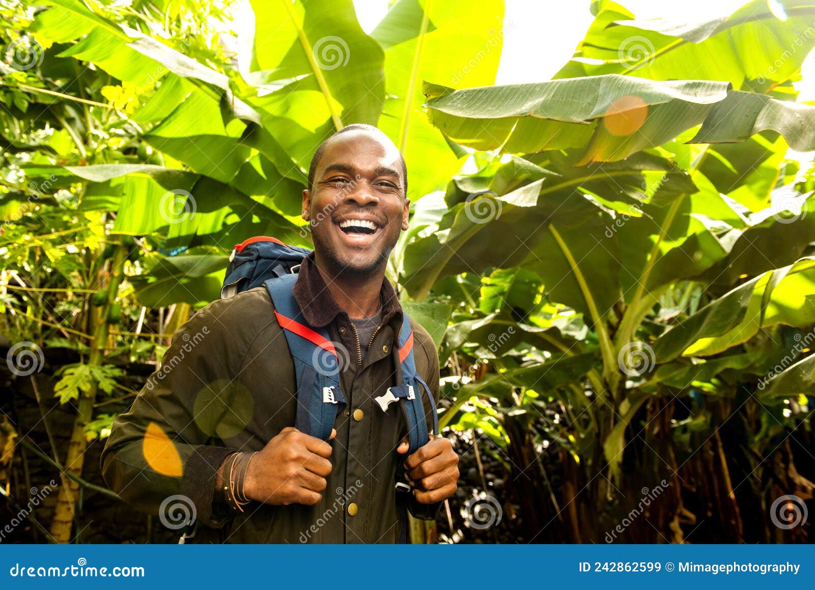 Happy Man Hiking in Jungle Trees Stock Image - Image of laughing, hiker ...