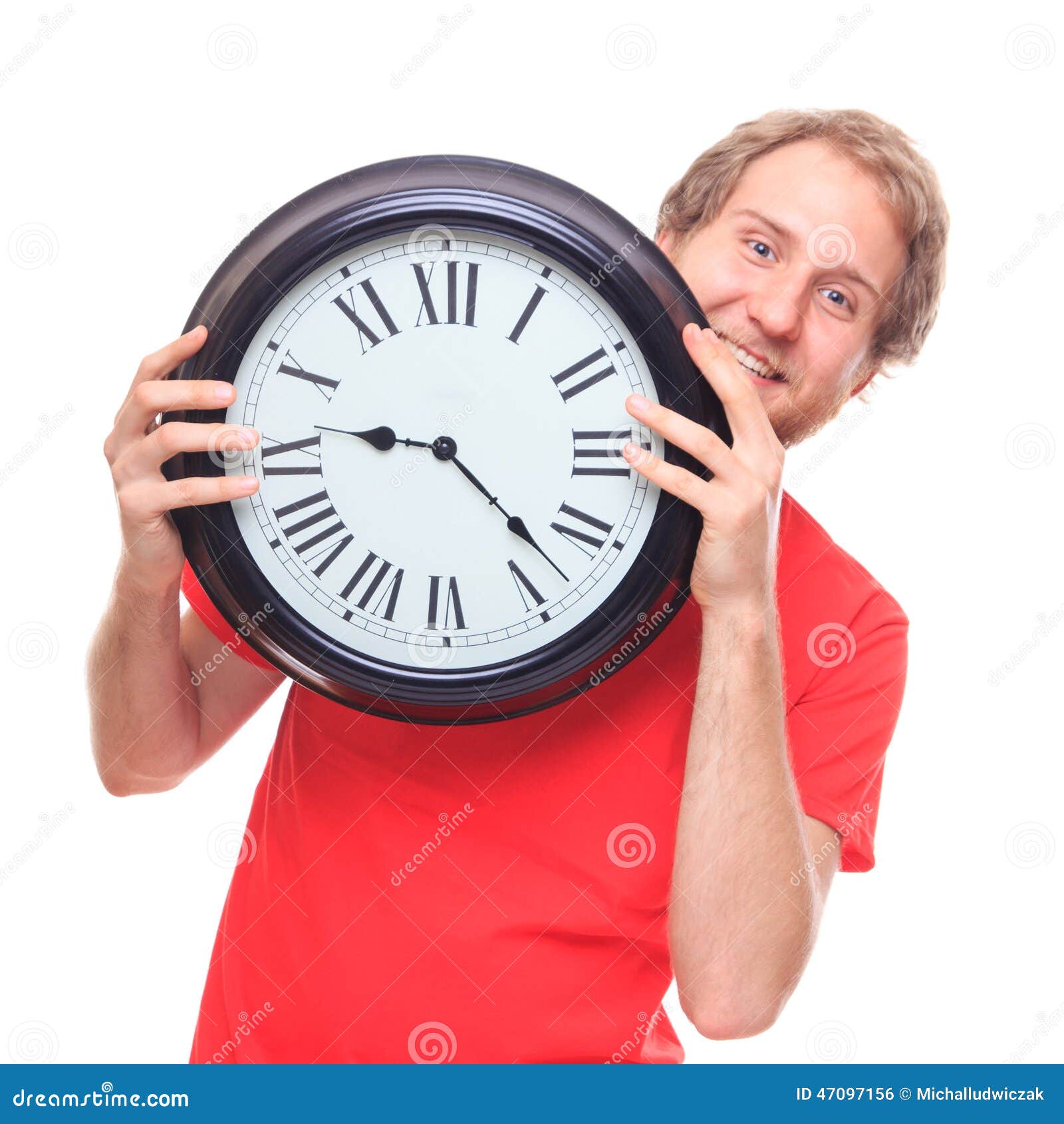 Happy Man Holding Big Clock on White Stock Photo - Image of waste, good ...