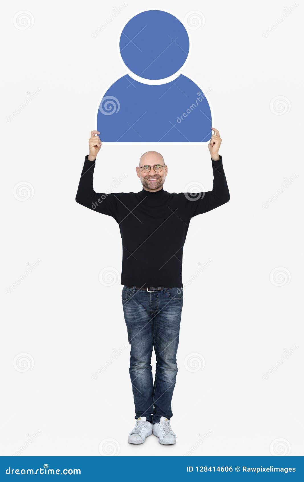 Happy Man Holding a Blue User Icon Stock Photo - Image of face, african ...