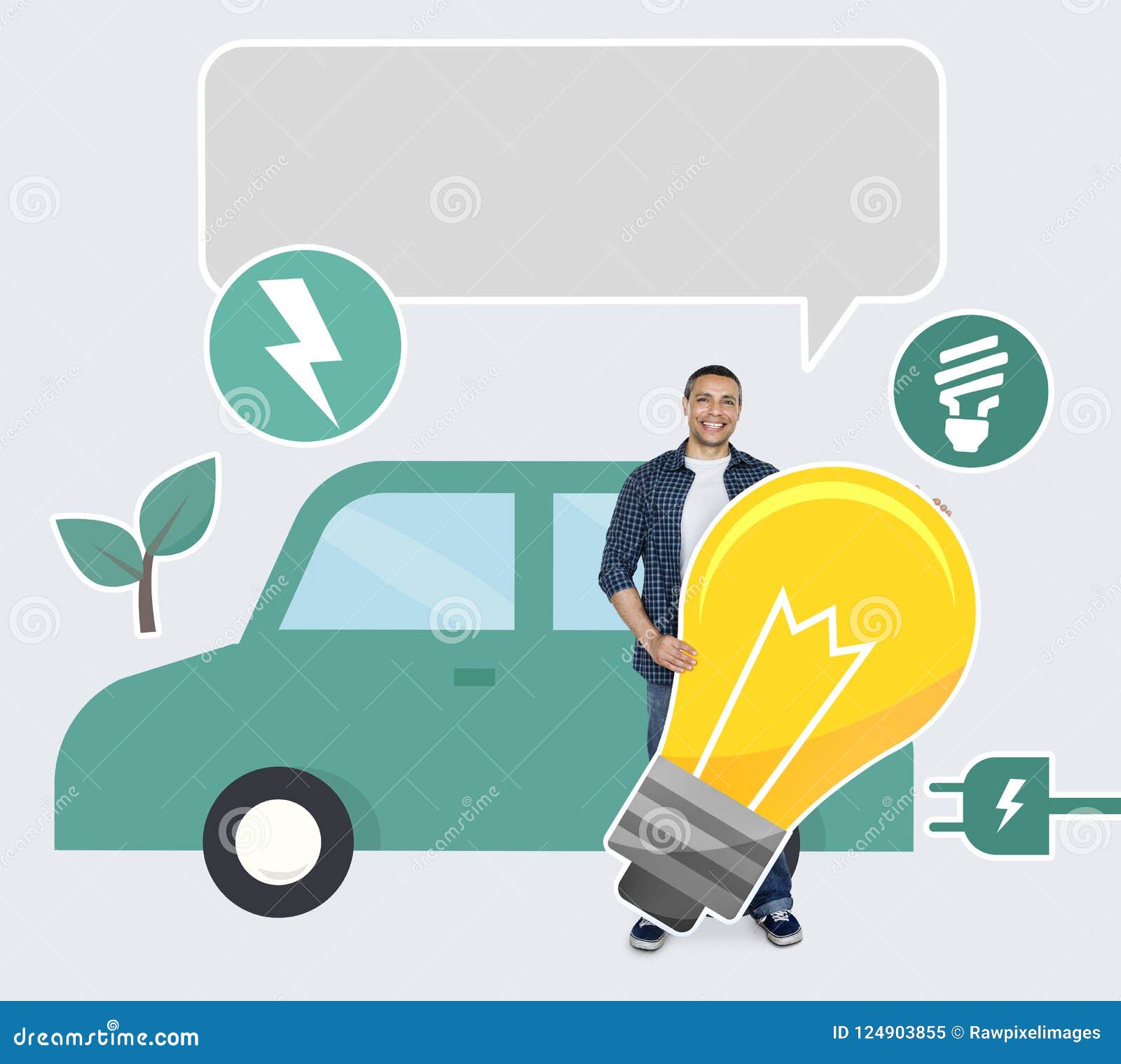 Happy Man Holding an Energy Saving Icon Stock Illustration ...