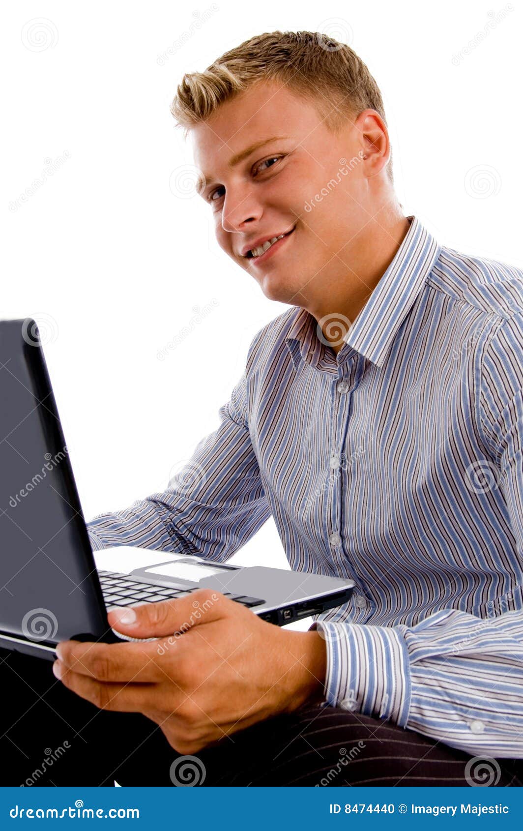 Happy man holding laptop stock photo. Image of vertical - 8474440