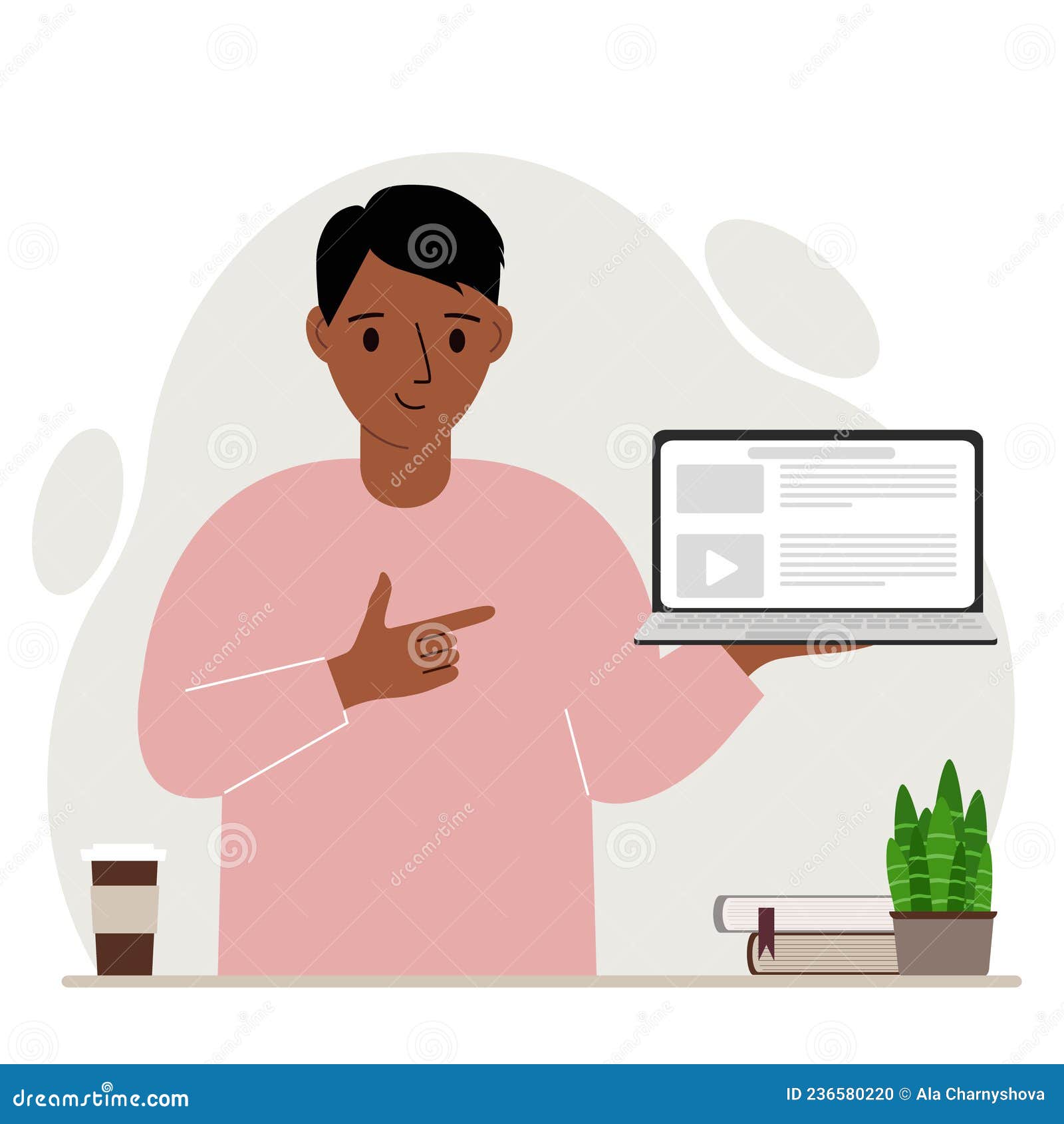 Happy Man Holding a Laptop Computer with One Hand and Pointing at it ...