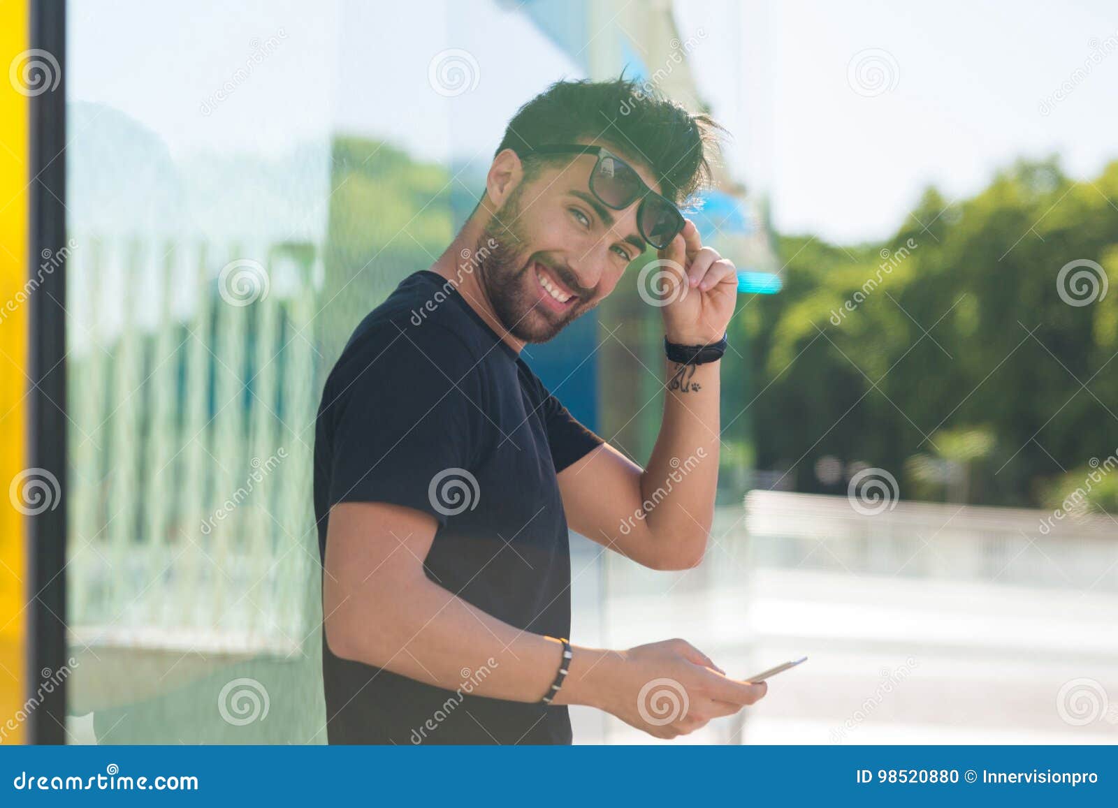 Happy Man Holding Mobile Outside Stock Photo - Image of people, online ...