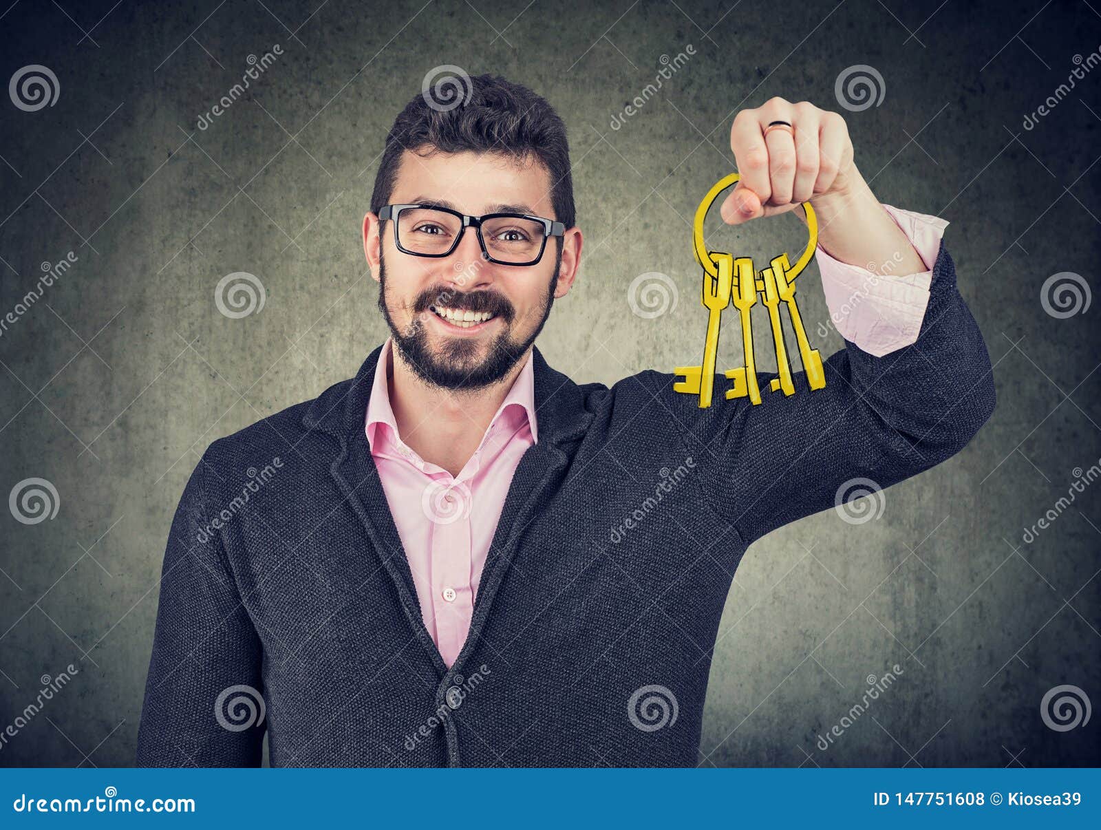 Happy man holding old keys stock photo. Image of beard - 147751608