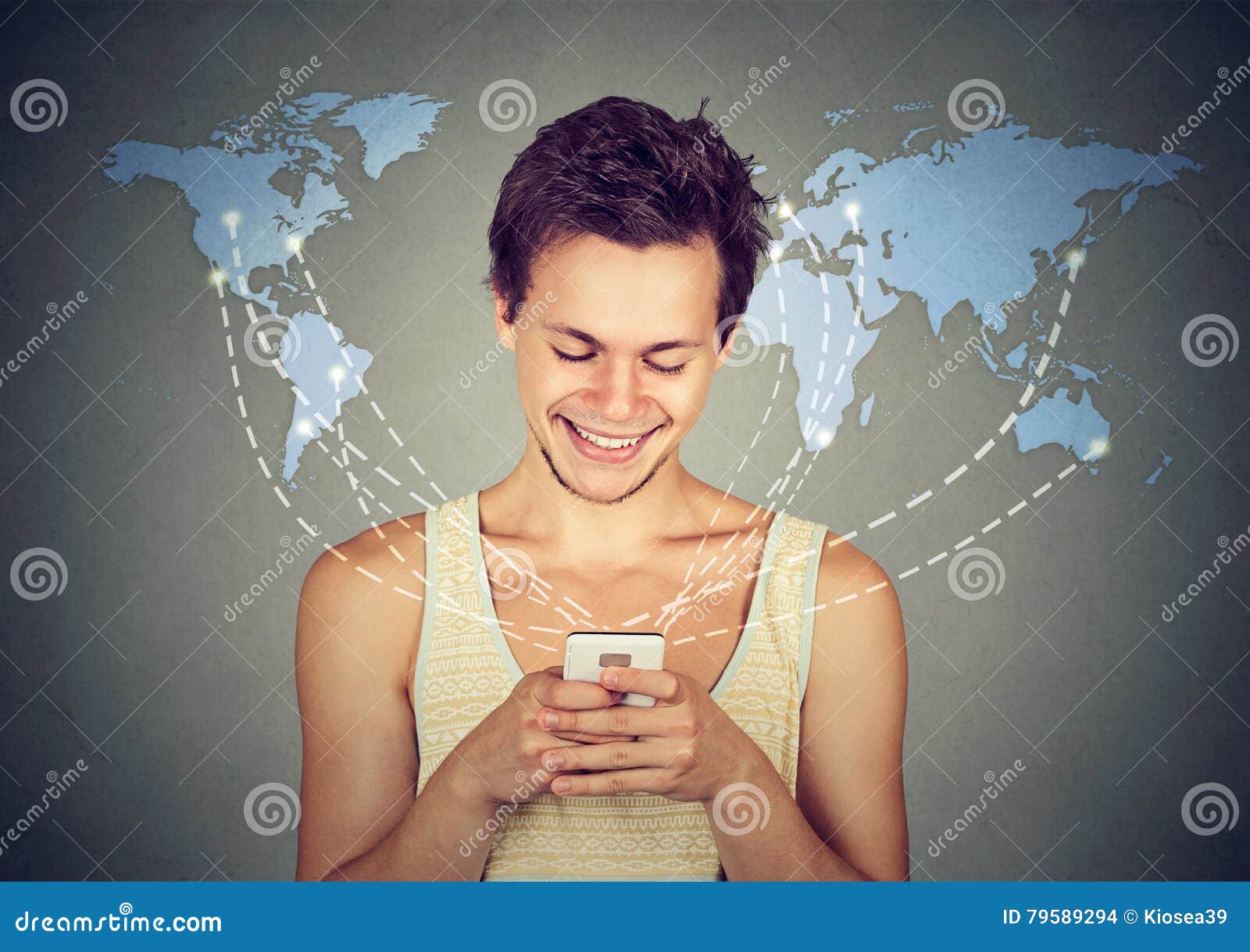 Happy Man Holding Smartphone Connected Browsing Internet Stock Photo ...