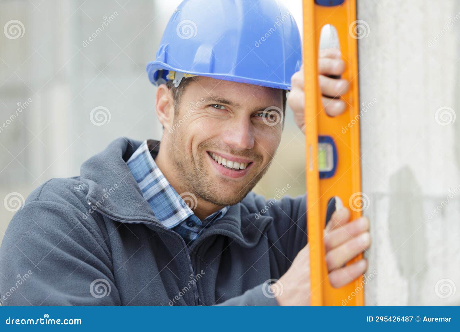 Happy Man Holding Spirit Level in Hands Stock Image - Image of wall ...