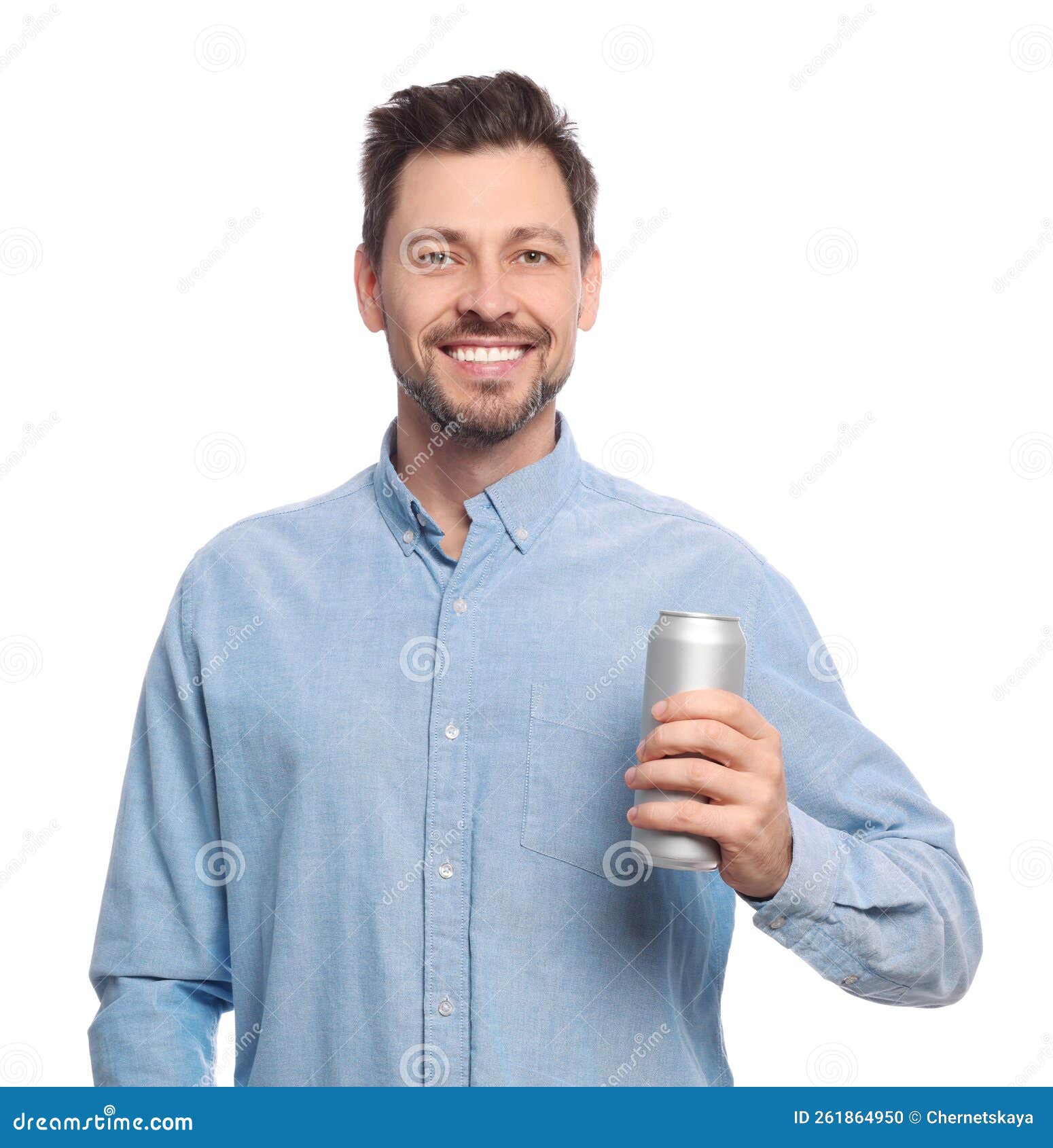 Happy Man Holding Tin Can with Beverage on White Background Stock Photo ...