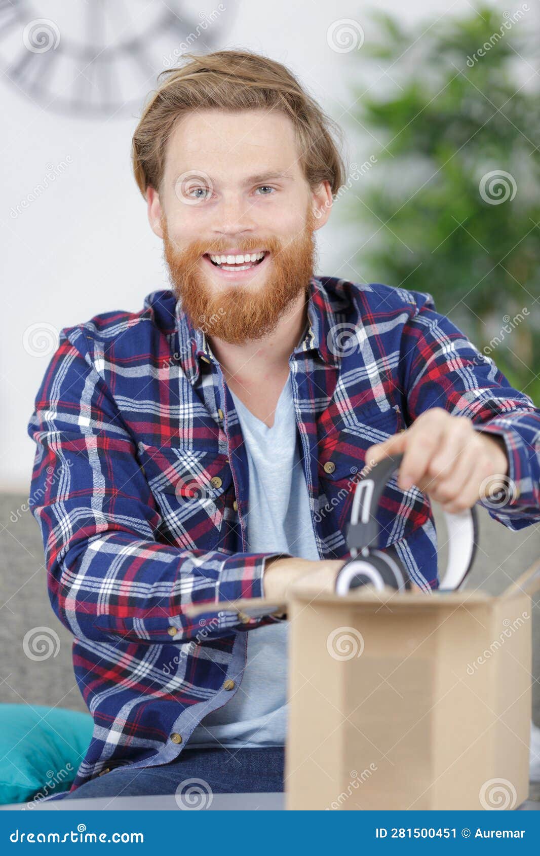 Happy Man at Home Opening Cardboard Box Stock Image - Image of order ...