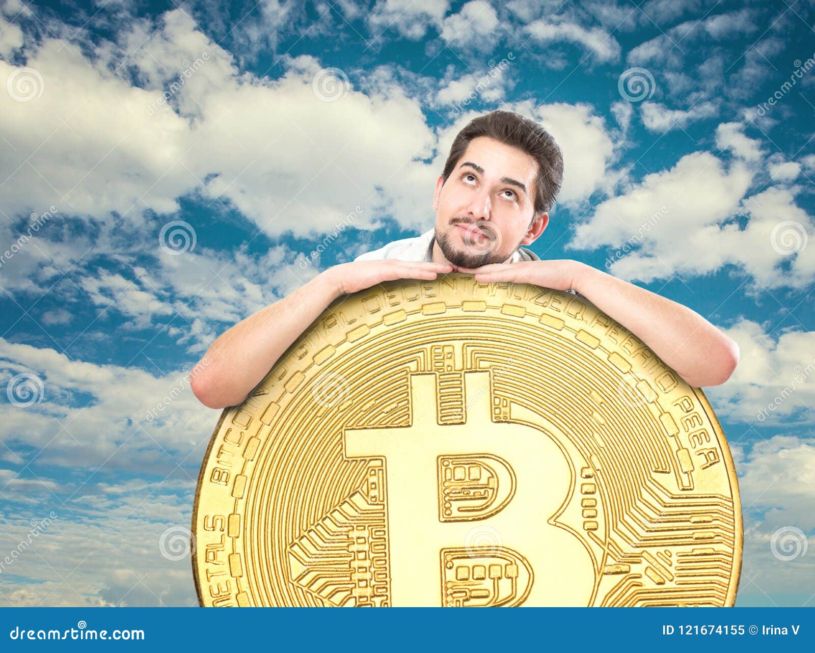 A Happy Man with a Huge Bitcoin Coin on a Beautiful Sky Stock Image ...