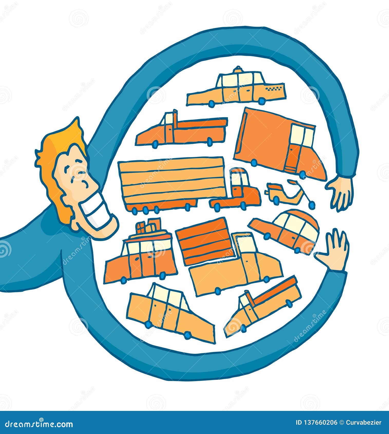 Happy Man Hugging Some Vehicles Stock Vector - Illustration of embrace ...