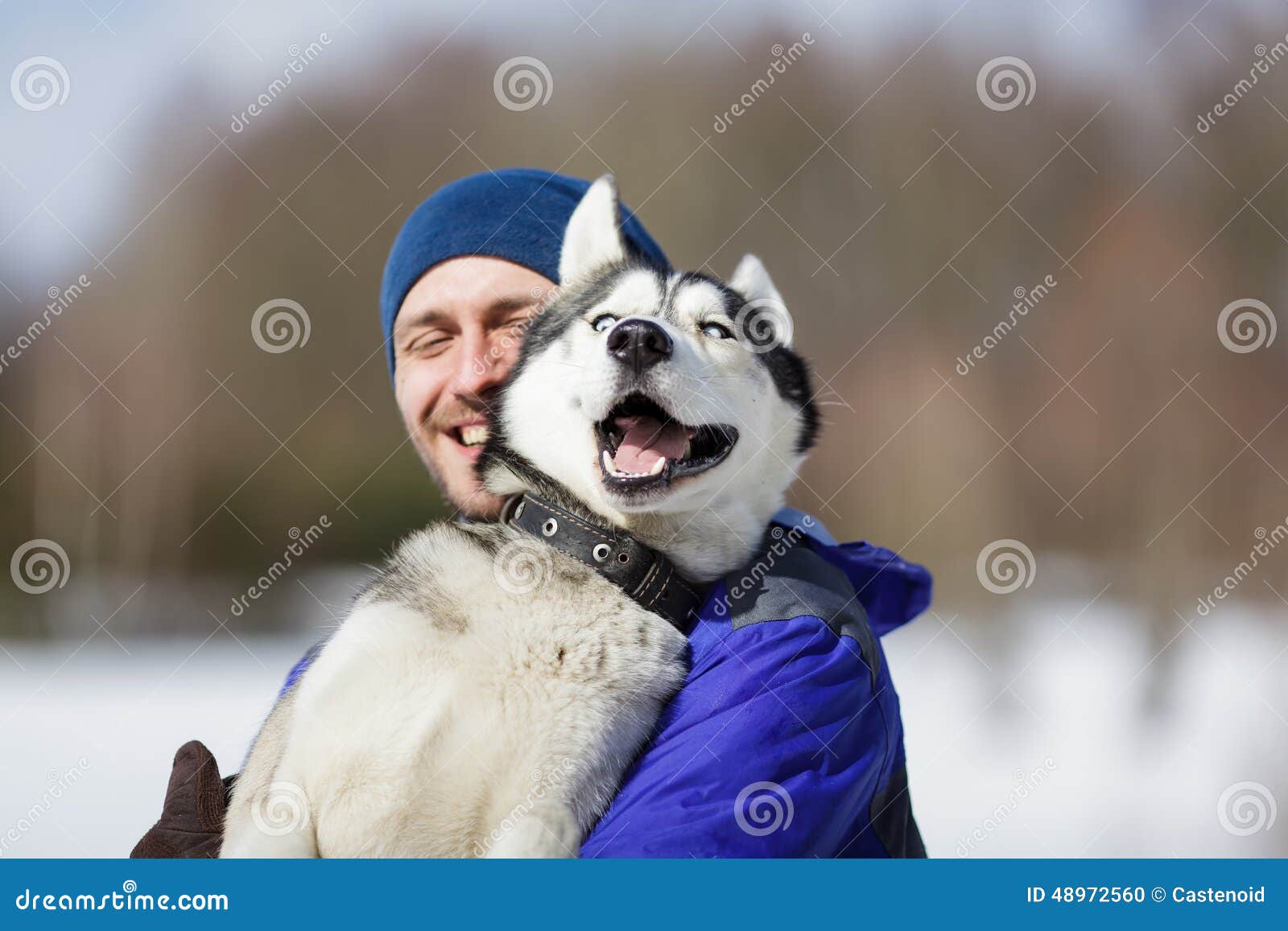 Happy man with a husky stock photo. Image of beautiful - 48972560