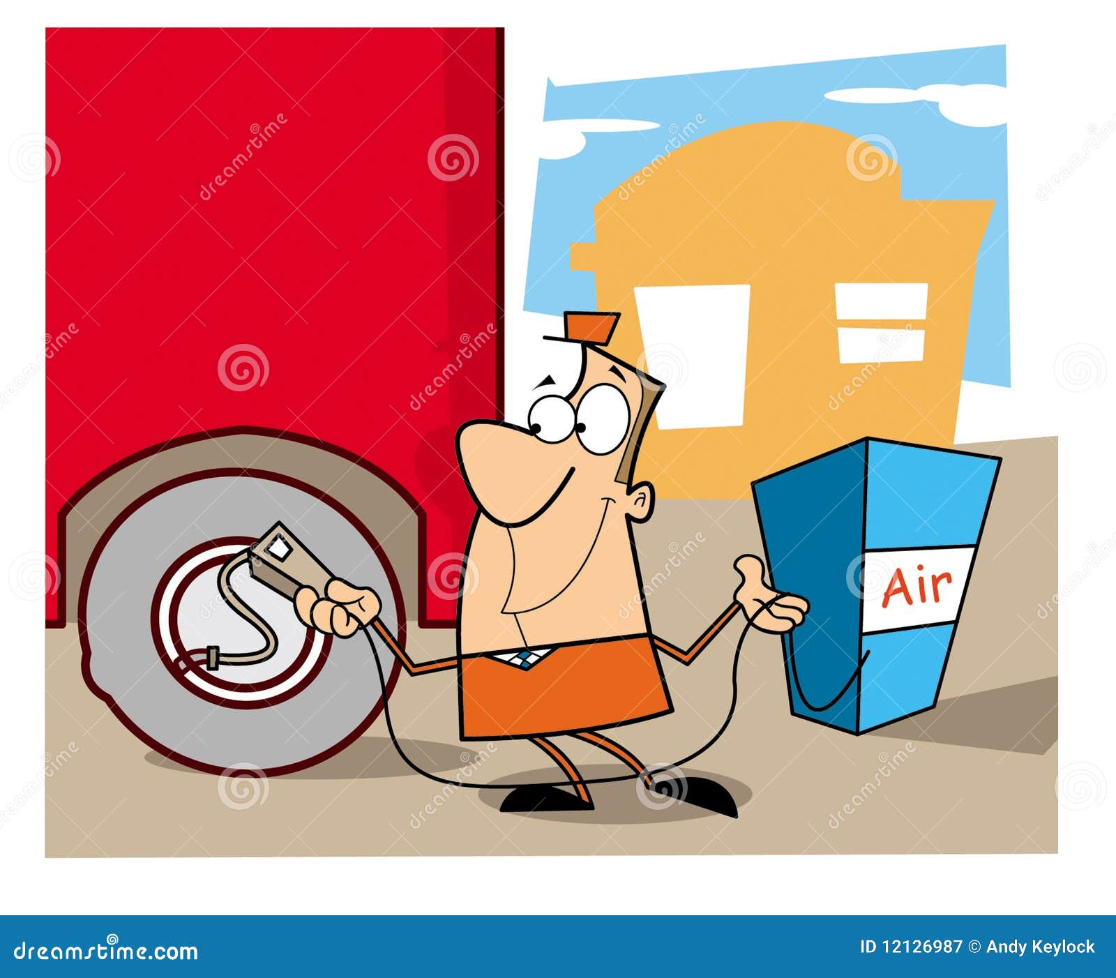 Happy Man Inflating Tyre of a Truck Stock Illustration - Illustration ...