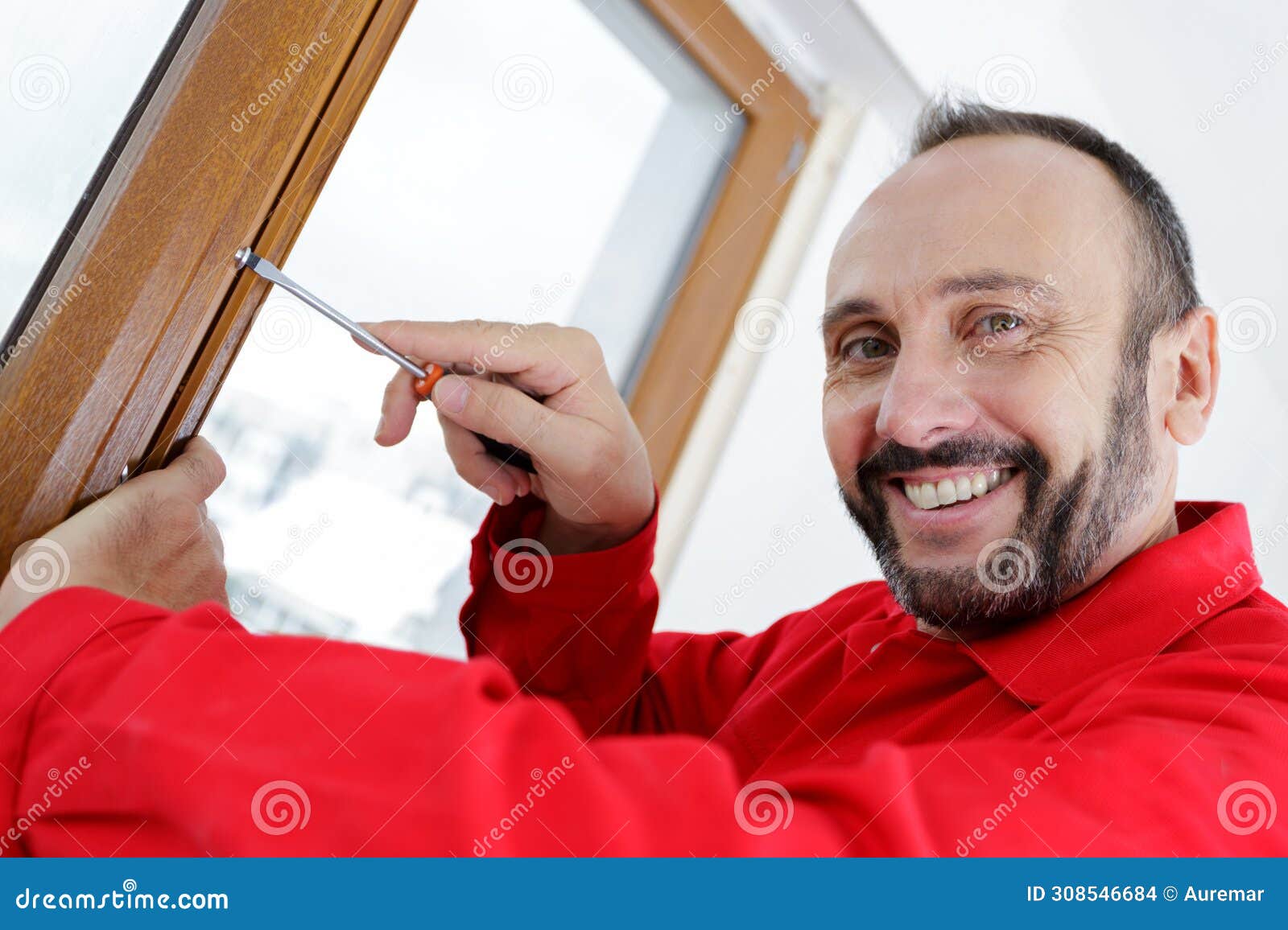 Happy Man Installing Blinds with Screwdriver Stock Photo - Image of ...