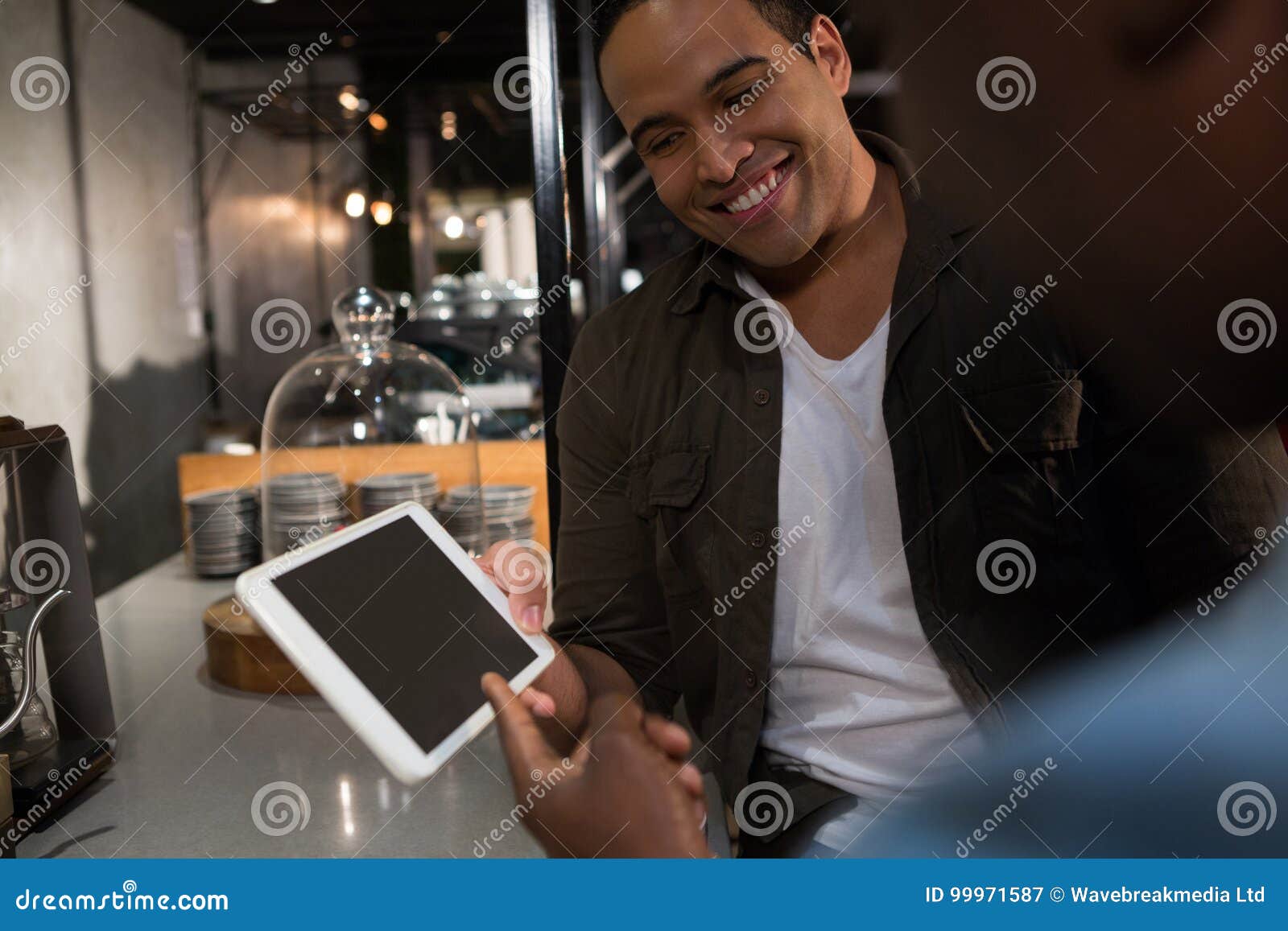 Happy Man Interacting while Using Digital Tablet Stock Image - Image of ...