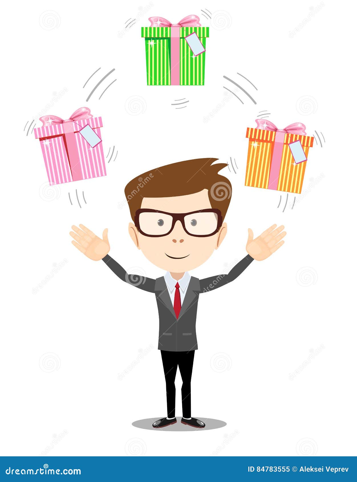 Happy Man Juggling Gift Box with Bow Stock Vector - Illustration of ...