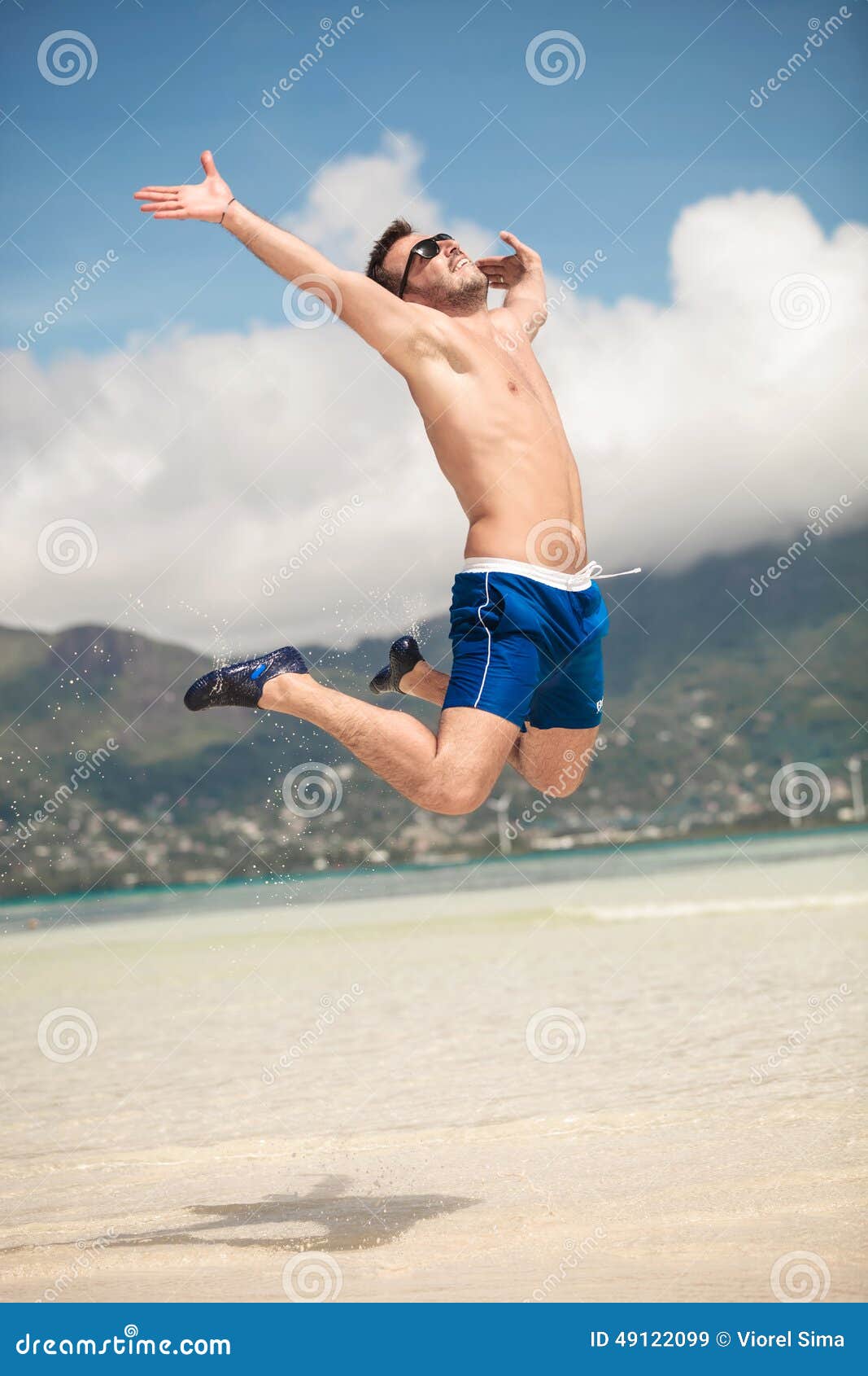 Happy Man Jumping of Joy on the Beach Stock Image - Image of waves ...