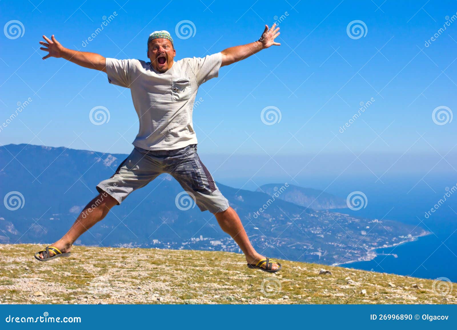 Happy Man Jumping Over Mountains, Sky and Sea Stock Photo - Image of ...