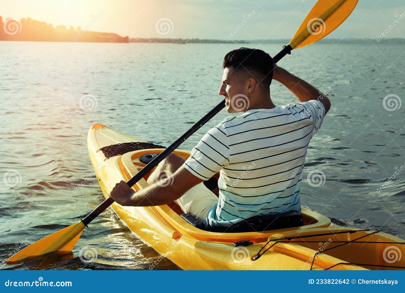Happy Man Kayaking on River, Back View. Summer Activity Stock Photo ...
