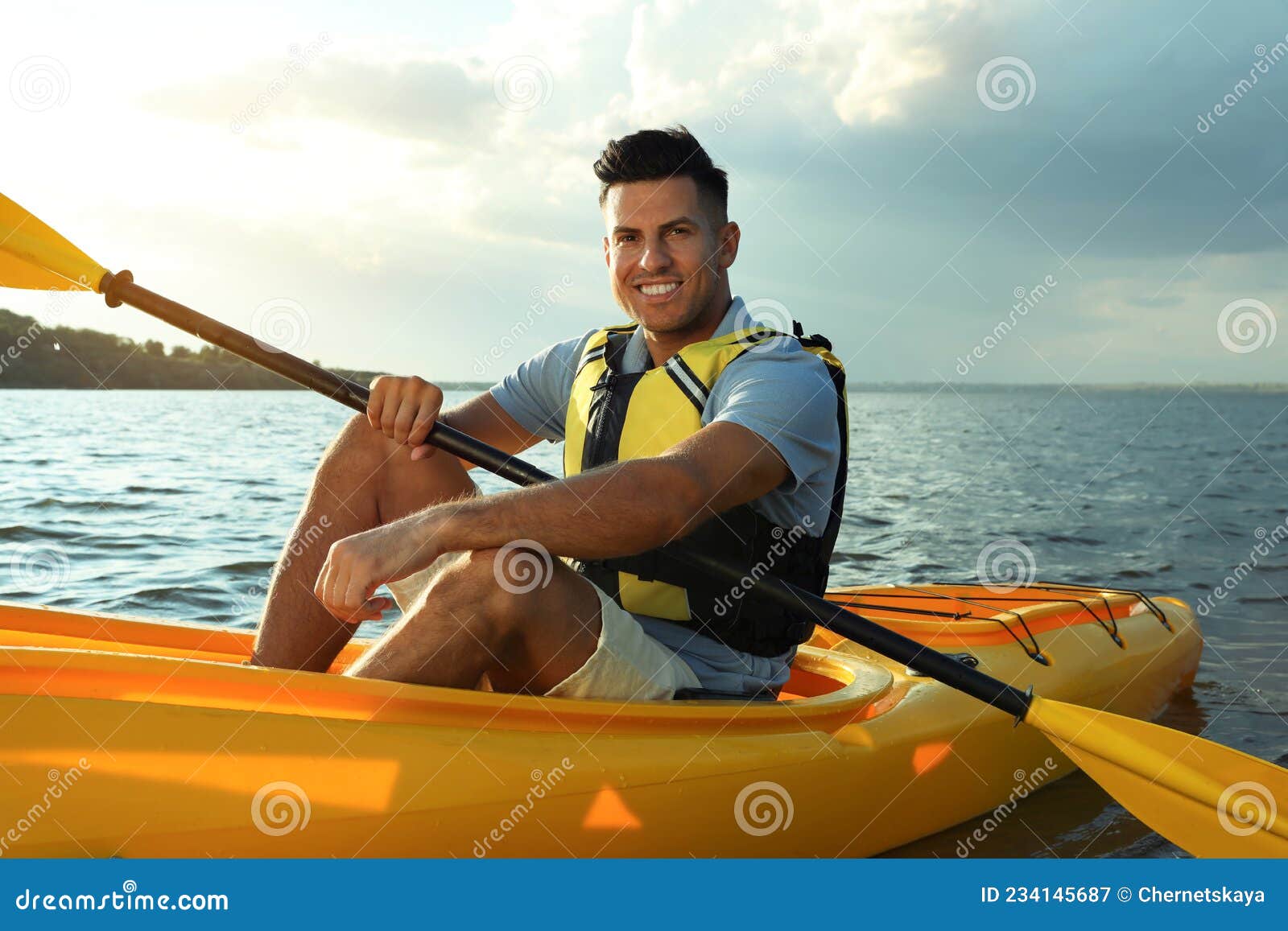 Happy Man Kayaking on River. Summer Activity Stock Image - Image of ...