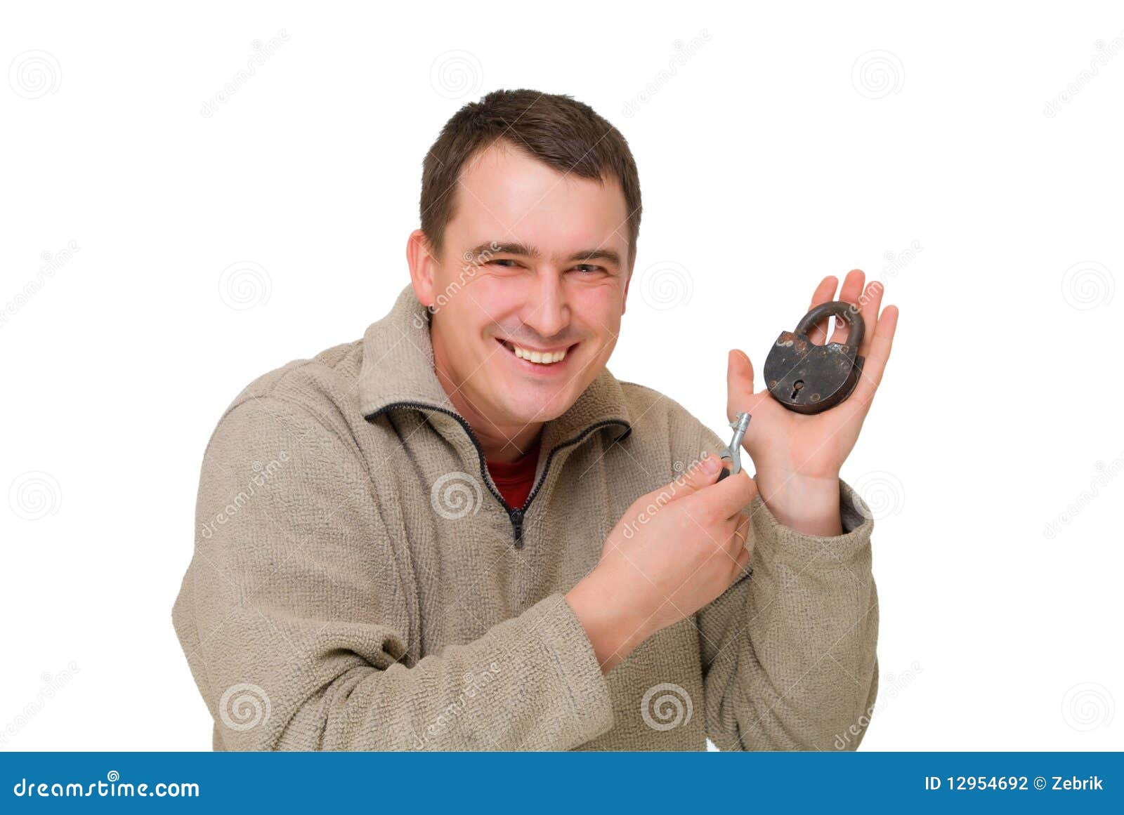 Happy Man with the Key and Lock Stock Photo - Image of people, padlock ...
