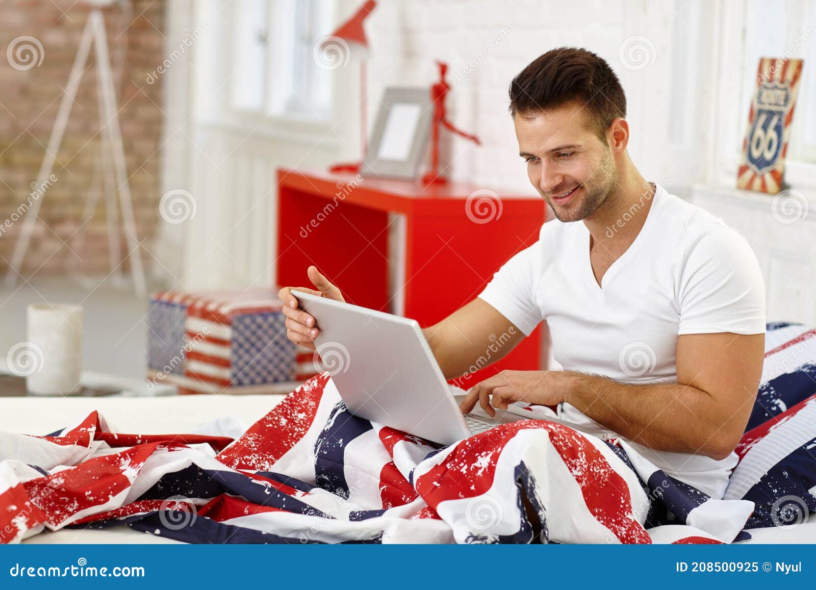Happy Man with Laptop in Bed Stock Image - Image of face, mood: 208500925