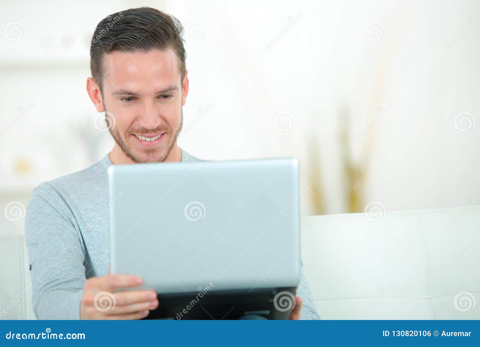 Happy Man with Laptop Indoors Stock Photo - Image of electronic ...