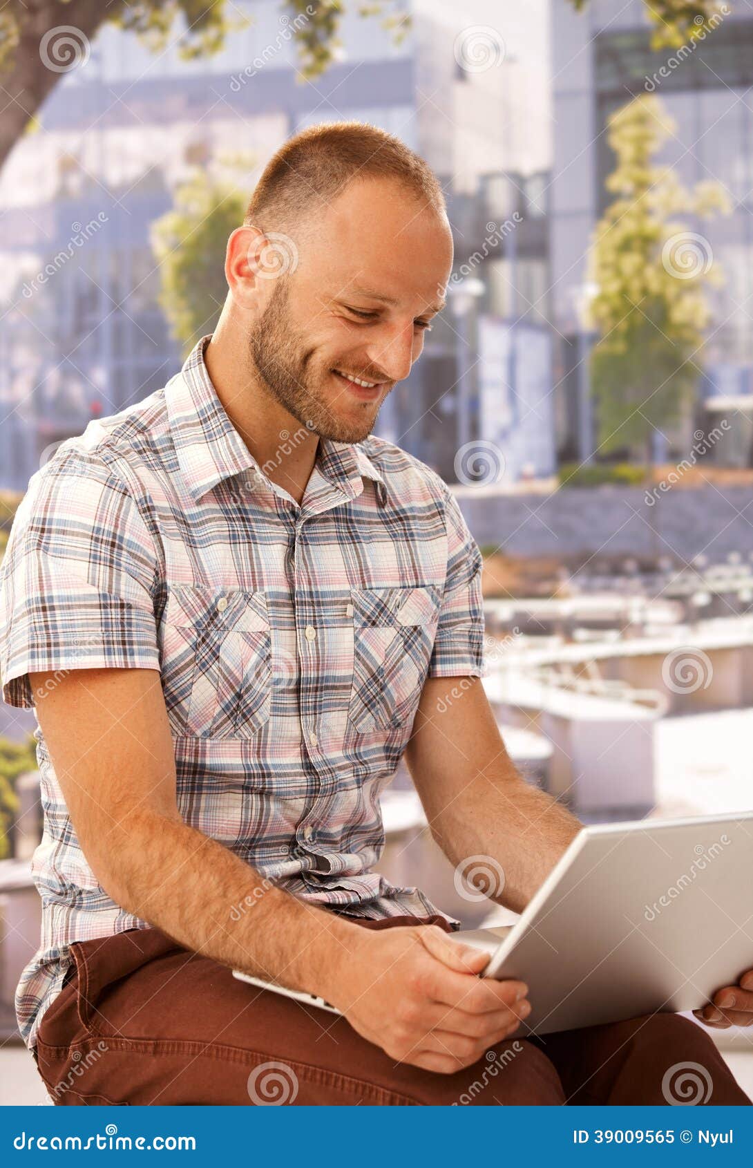 Happy Man with Laptop Outdoors Stock Image - Image of clothes, male ...