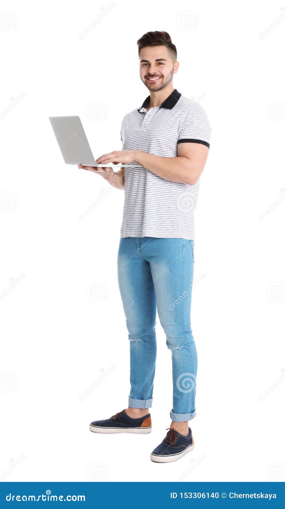 Happy Man with Laptop on White Stock Photo - Image of person, caucasian ...
