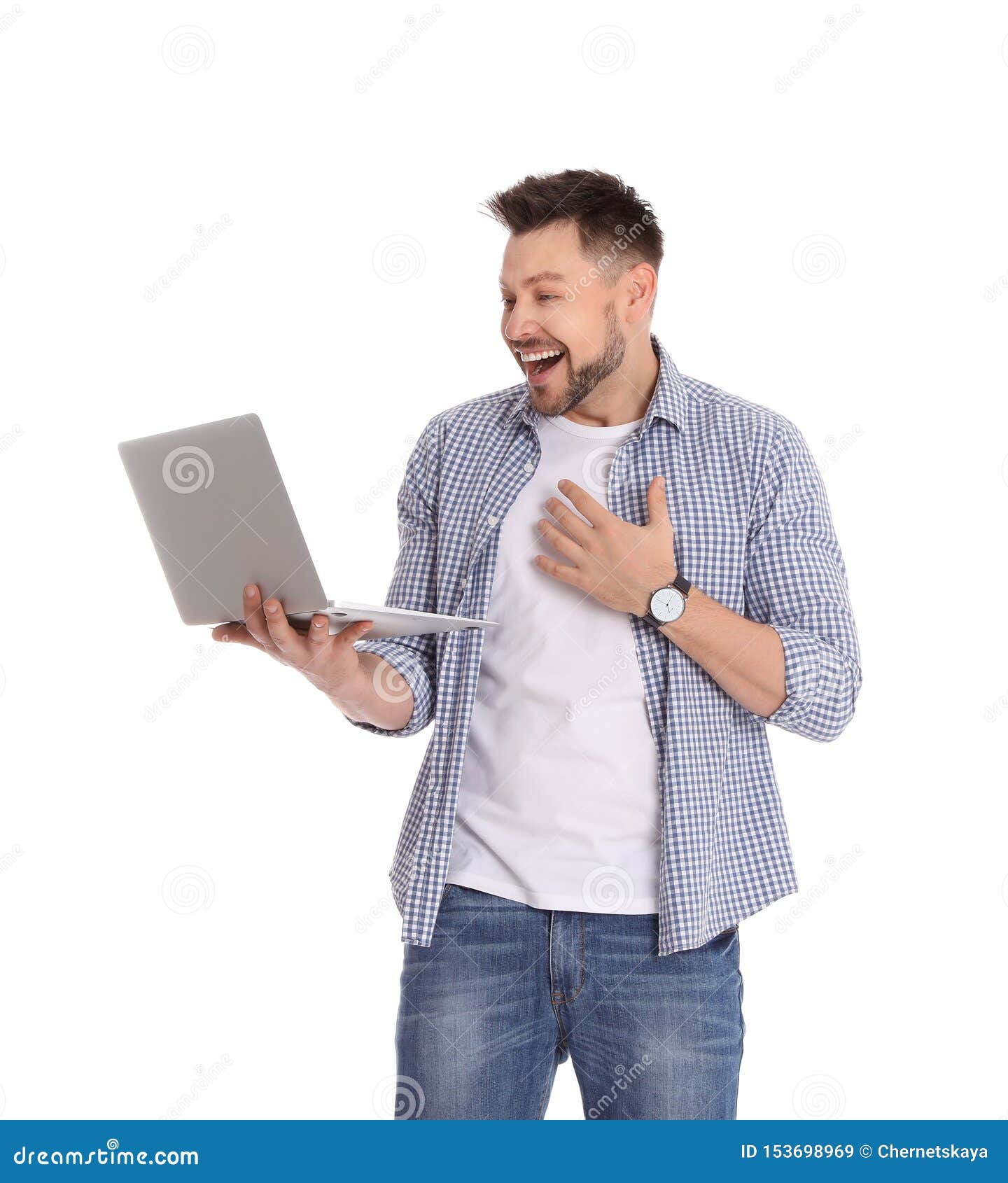 Happy Man with Laptop on White Stock Image - Image of lifestyle, modern ...