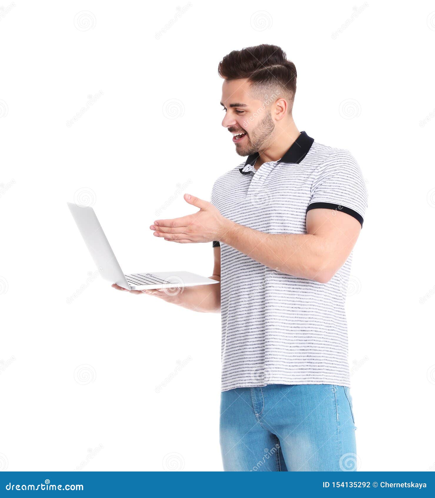 Happy Man with Laptop on White Stock Photo - Image of chat, leisure ...