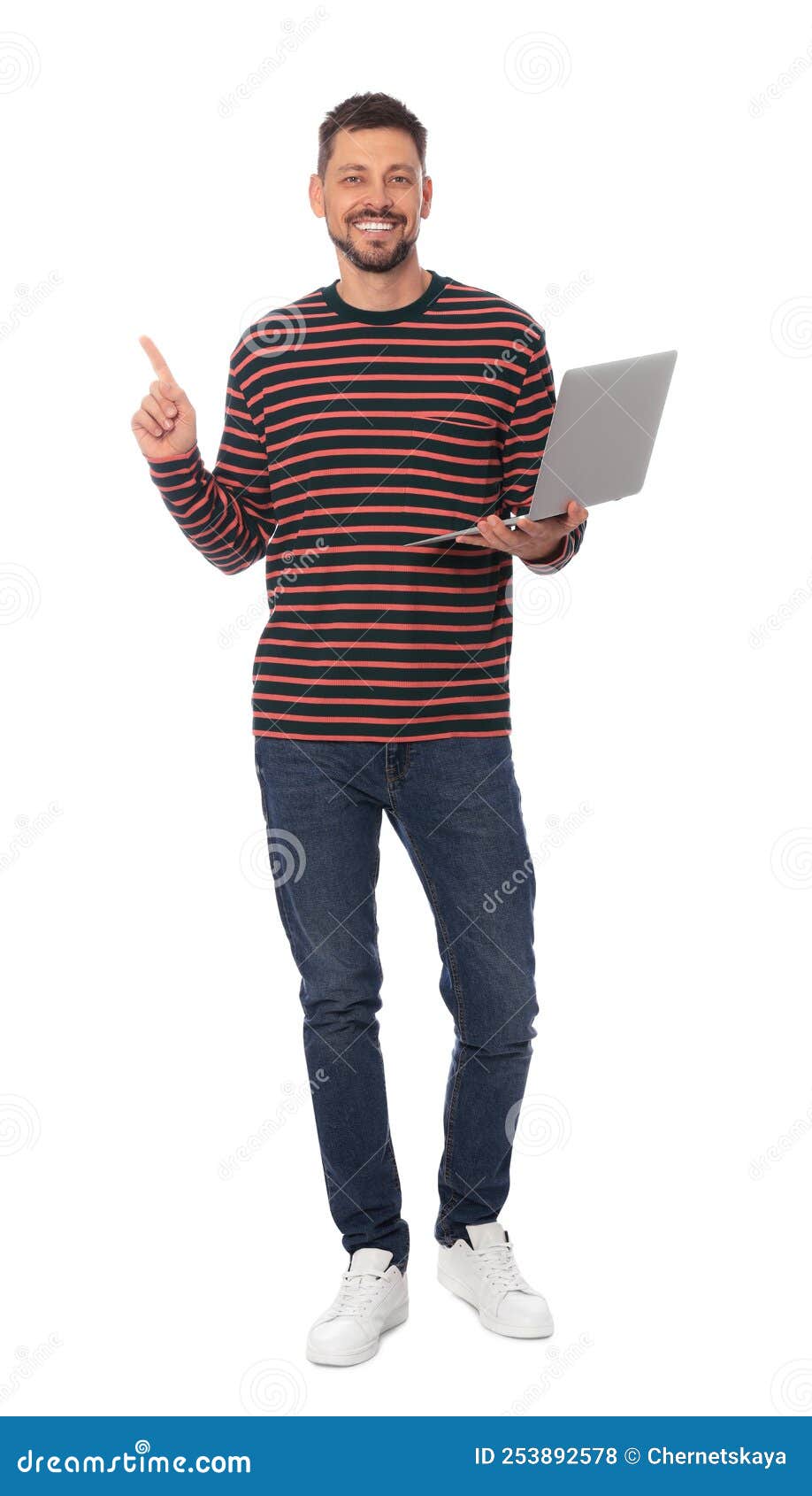 Happy Man with Laptop on White Background Stock Photo - Image of ...