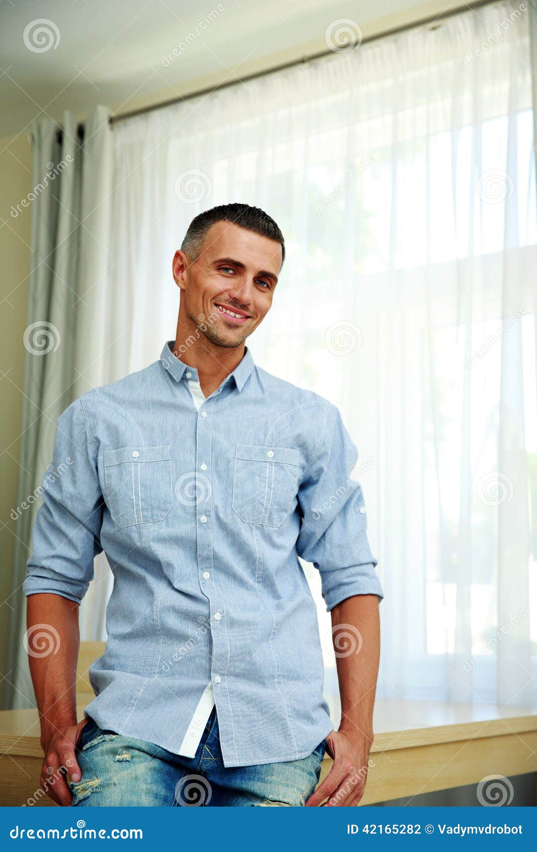 Happy Man Leaning at the Table Stock Photo - Image of leaning, home ...