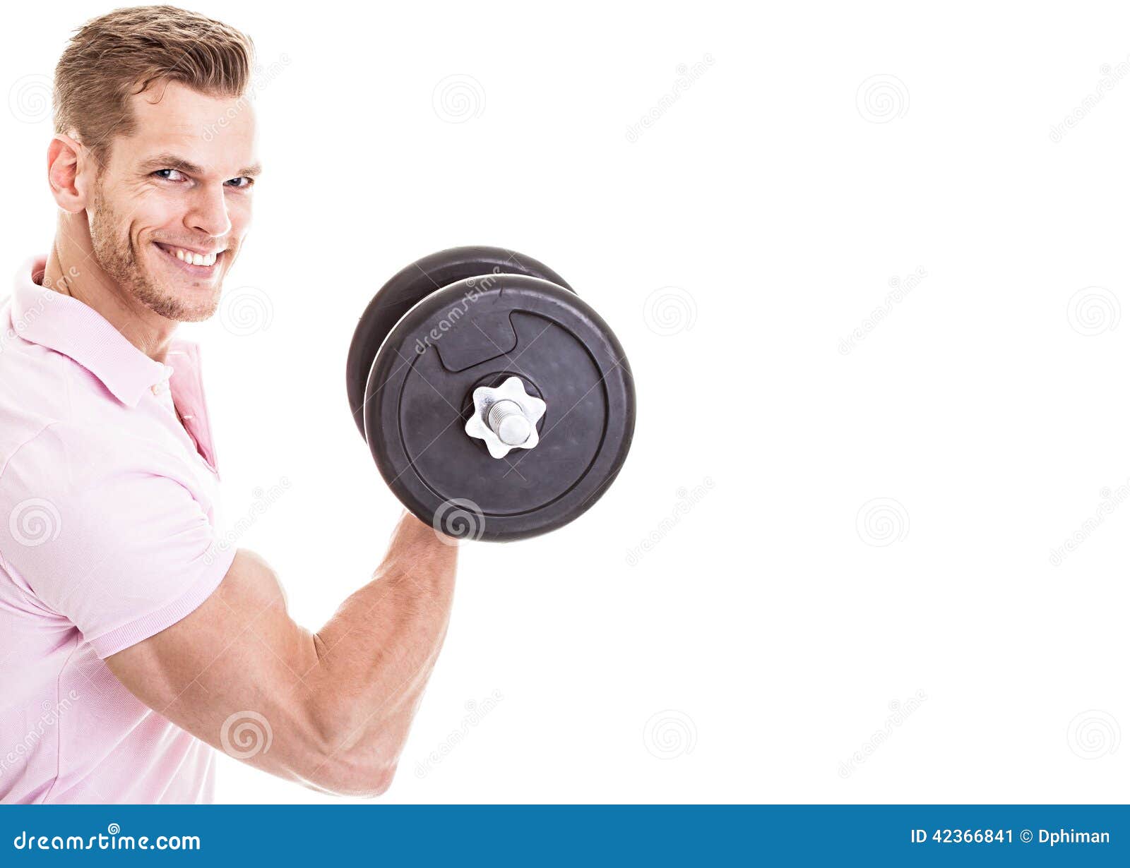 Happy man lifting weights stock image. Image of view - 42366841