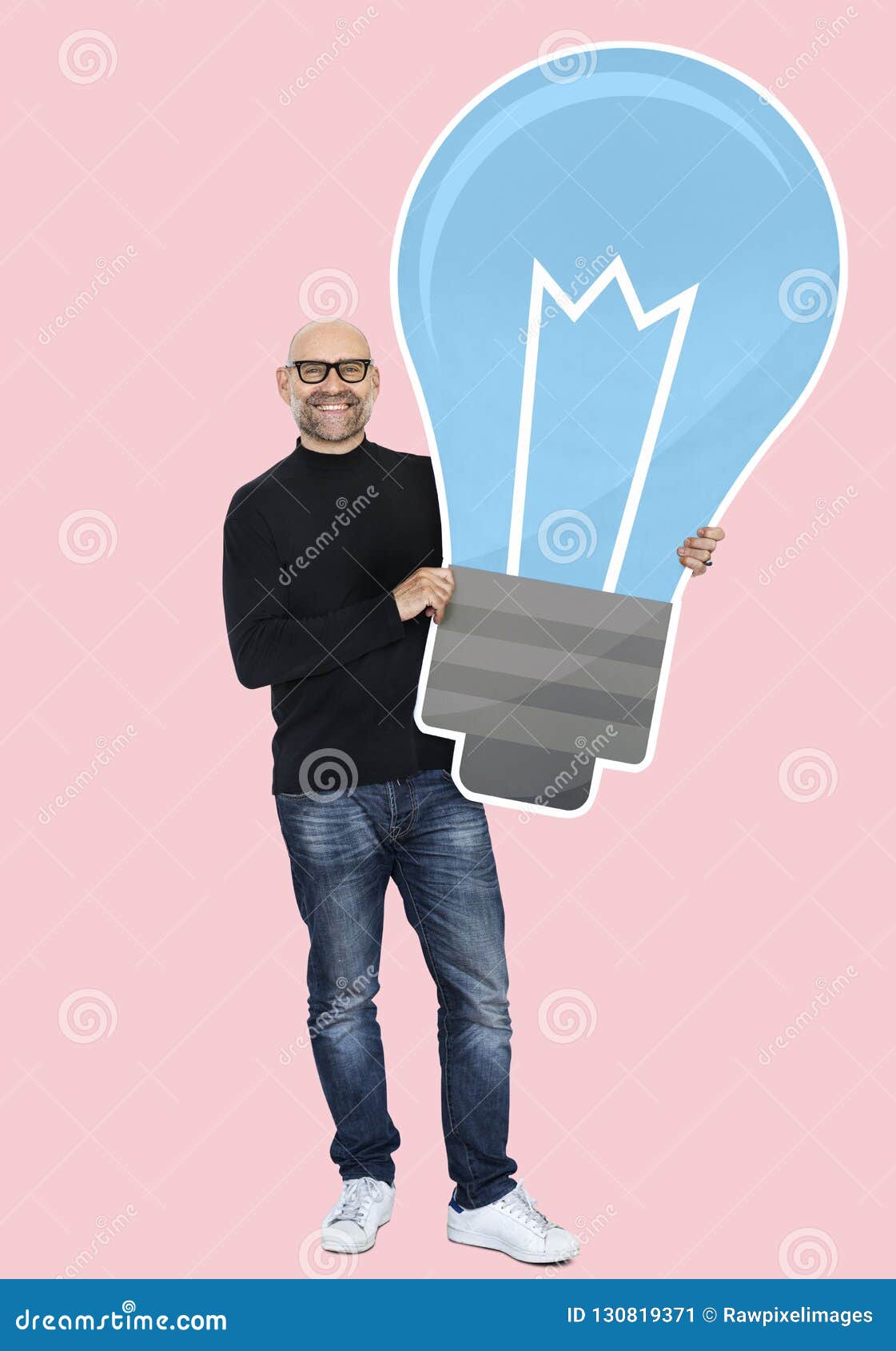 Happy Man with a Light Bulb Icon Stock Image - Image of creativity ...
